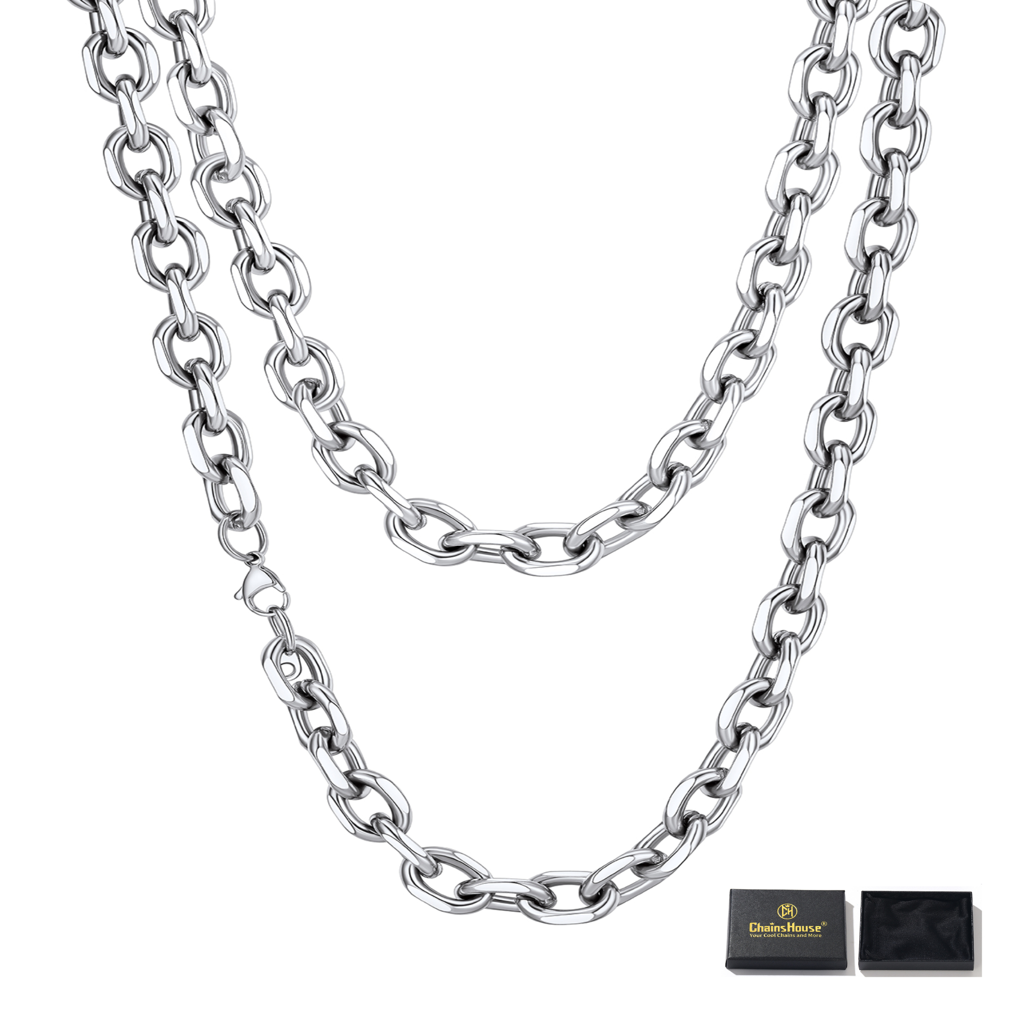 ChainHouse Stainless Steel Cable Link Chain Necklace for Men Women 12mm ...