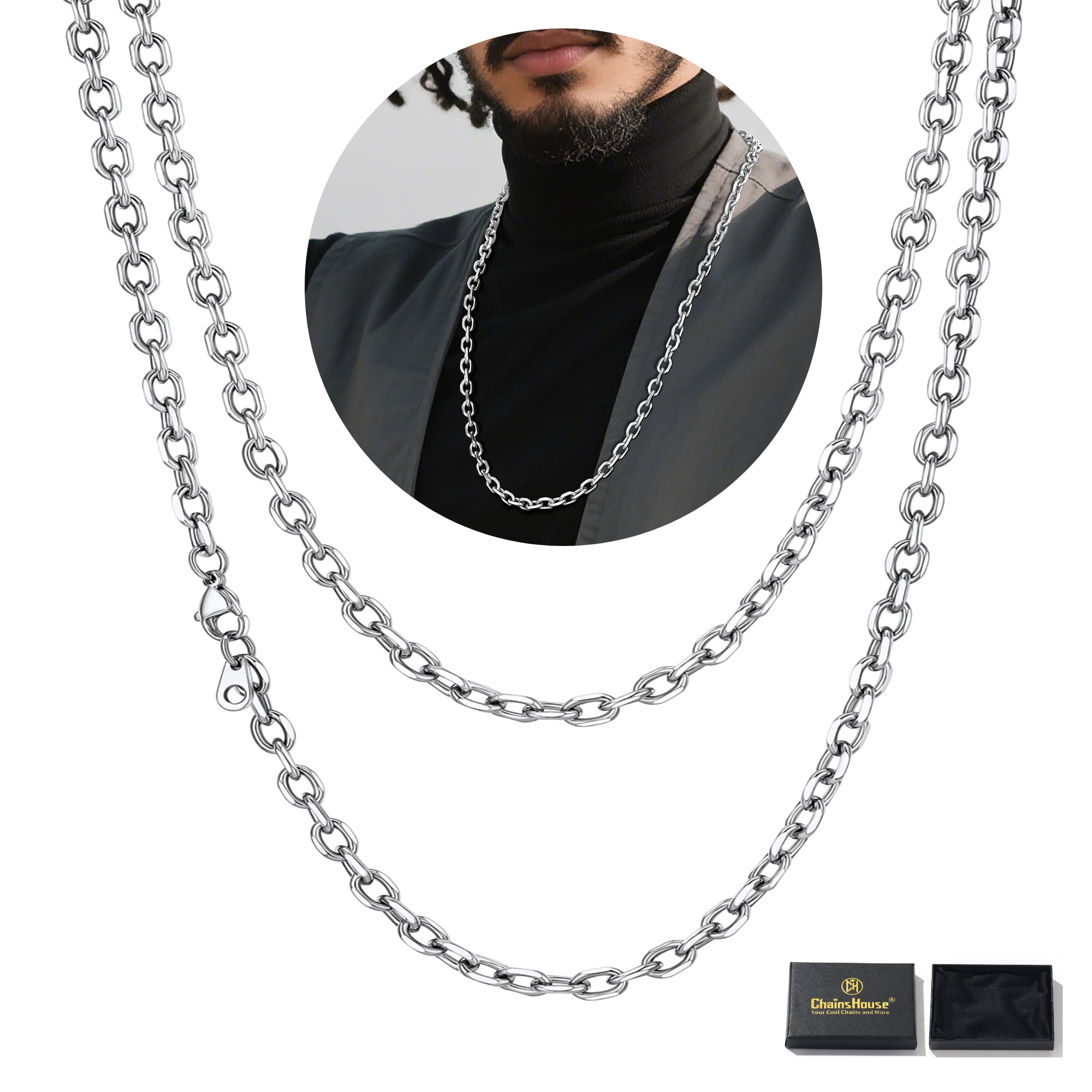 ChainHouse Stainless Steel Cable Link Chain Necklace for Men Women 5mm ...