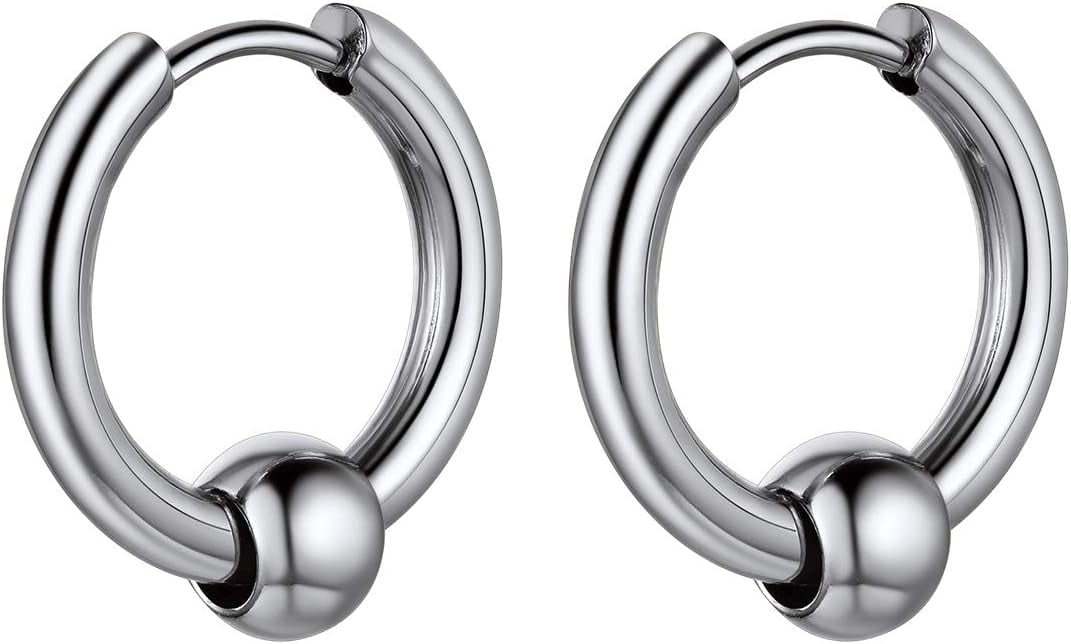 ChainsHouse Silver Bead Hoop Earrings for Men Women Stainless Steel ...