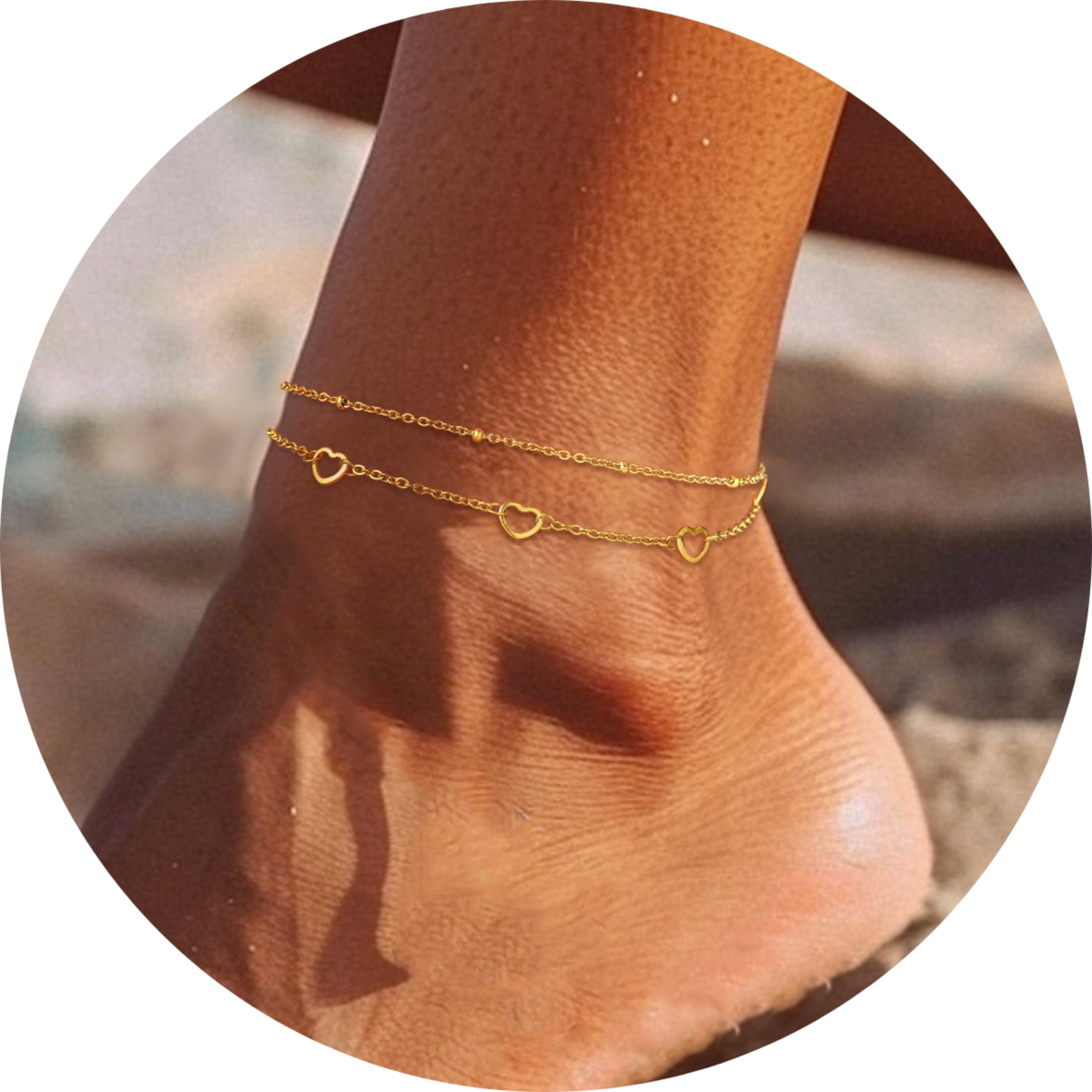 ChainsHouse Gold Plated Ankle Bracelets for Women Bead Heart Link Double Layered Waterproof ...