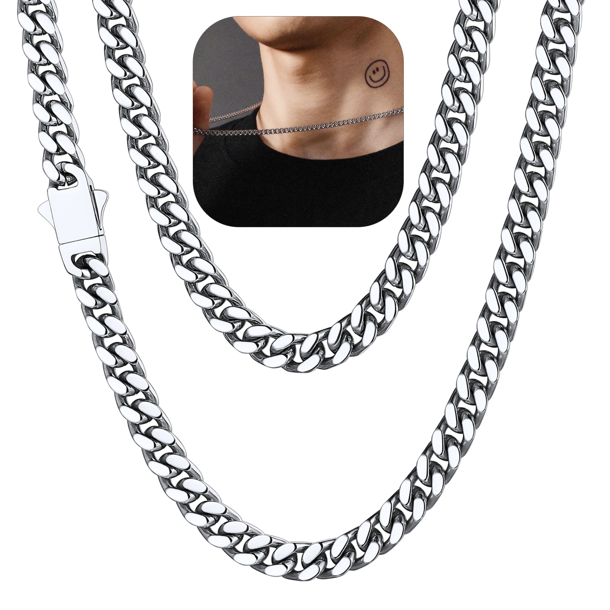 ChainsHouse Silver Cuban Link Chain Necklaces for Men Women Stainless ...