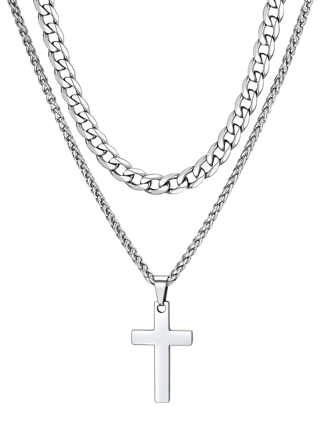 ChainsHouse Men's Layered Cross Necklace Set Cuban Link Chains Stainless Steel Cross Pendant ...