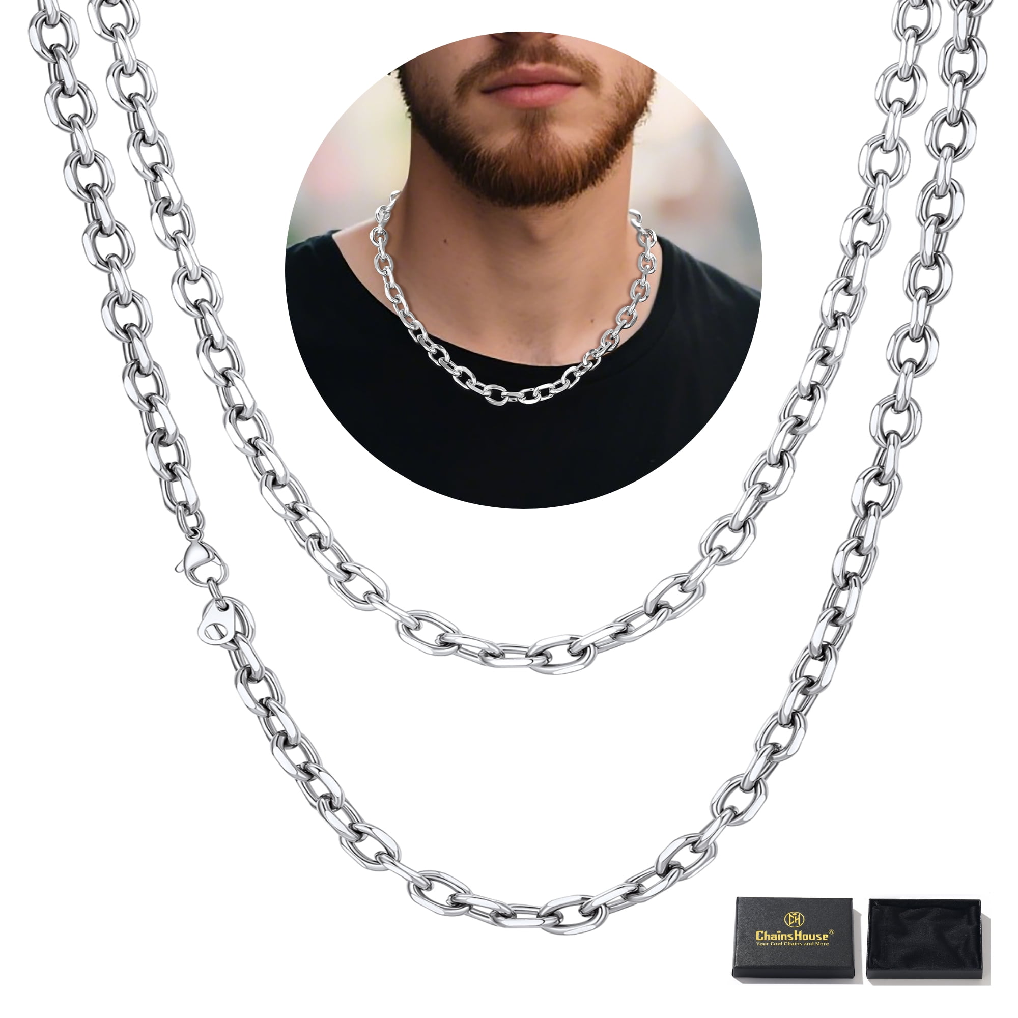 ChainHouse Stainless Steel Cable Link Chain Necklace for Men Women 7mm ...
