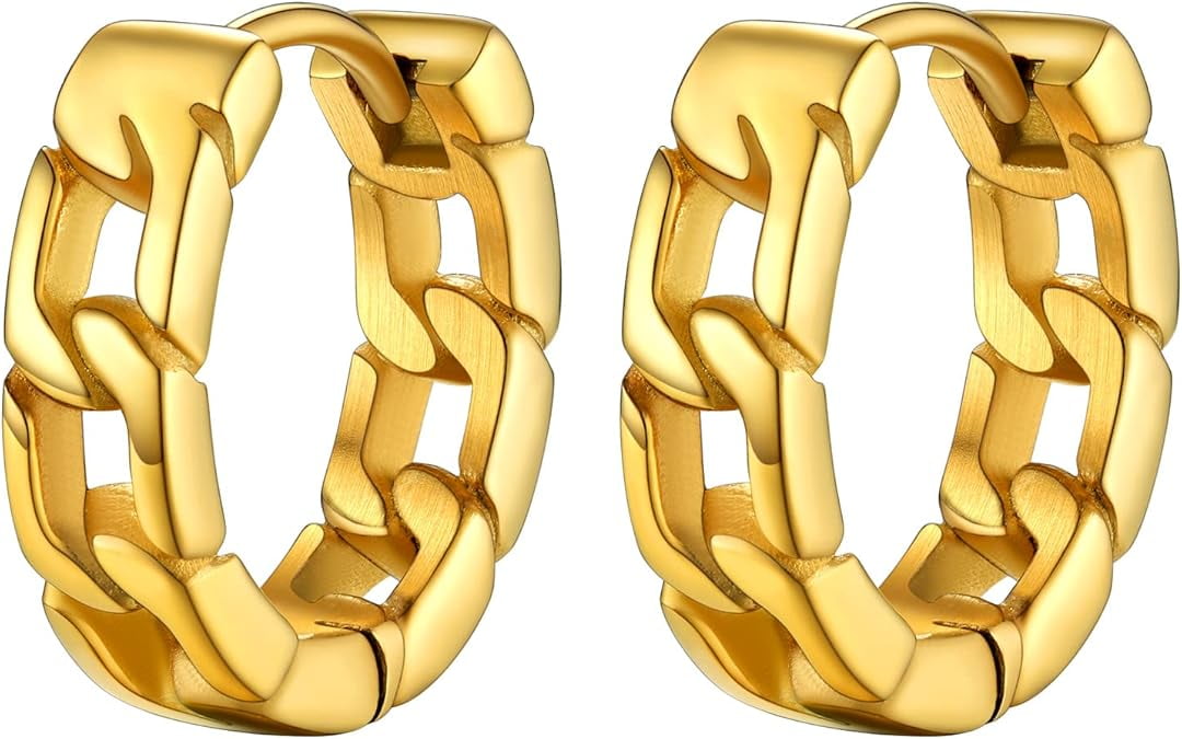 ChainsHouse Small Chunky Hoop Earrings for Men Women,Cuban Link Earrings Black/18K Gold ...