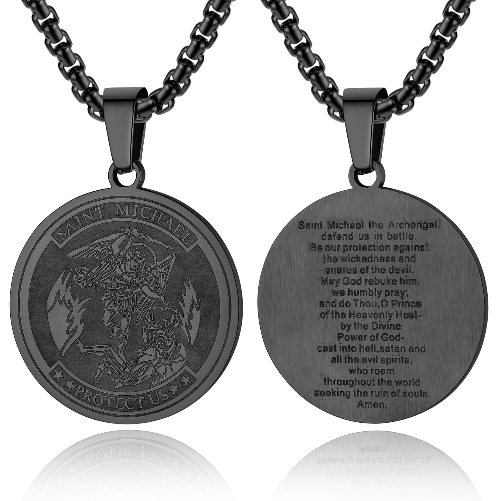 ChainsProMax Men's St. Michael Pendant Necklace, Stainless Steel Black ...