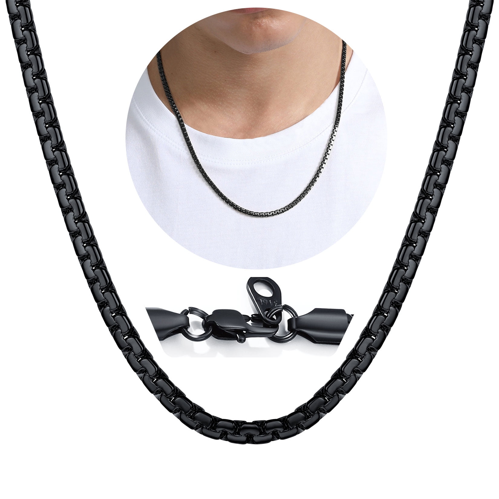 ChainsProMax Stainless Steel Box Chain Men's Black Choker Necklace Gift ...