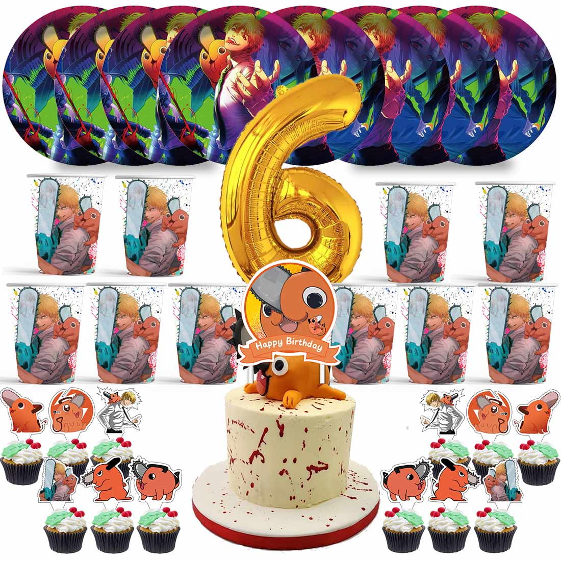 Chainsaw Man Birthday 6th Cups Party Supplies Plates Fans Decorations ...