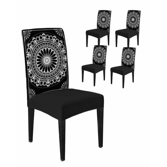 Chair Covers Set of 4, Abstract Art Ethnic Floral on Black Removable ...