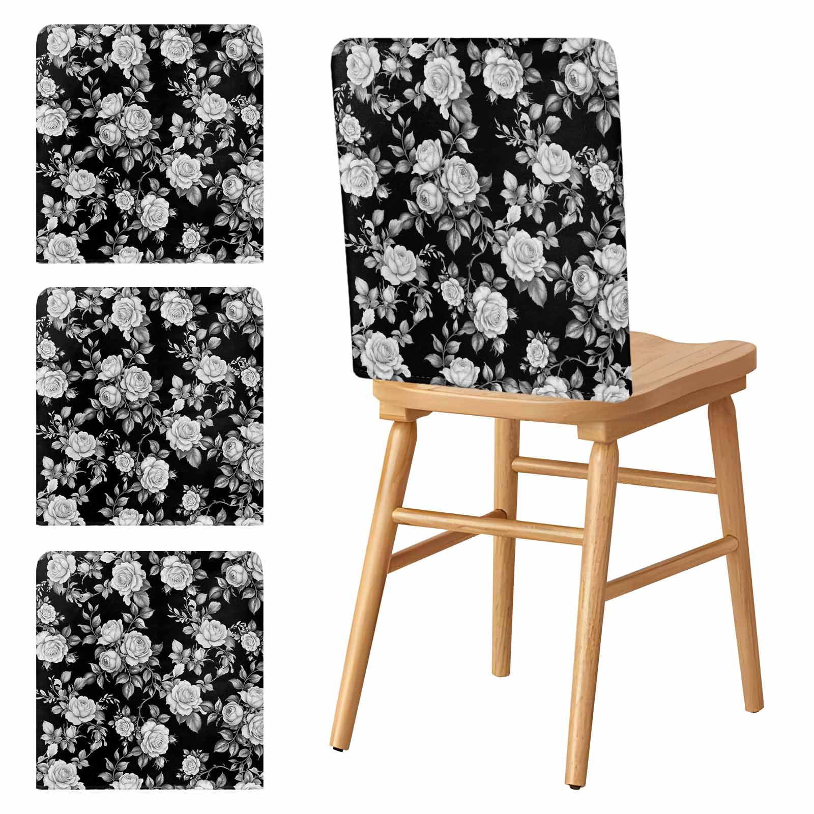 Chair Covers Set of 4 Black Rose Chair Slipcover Protector Stretch ...