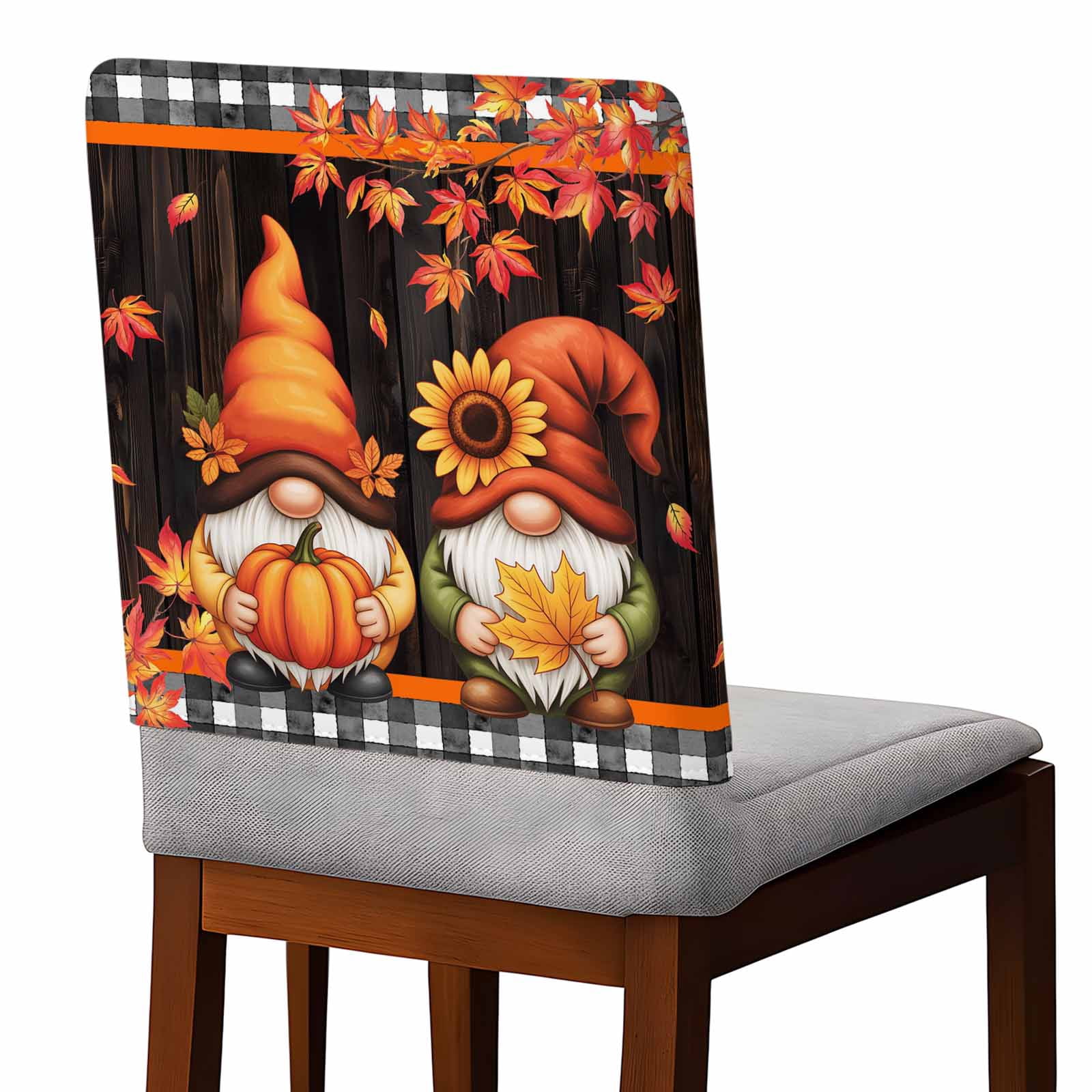 Chair Covers Set of 4 Fall Gnome Maple Leaf Pumpkin Sunflower Wood ...