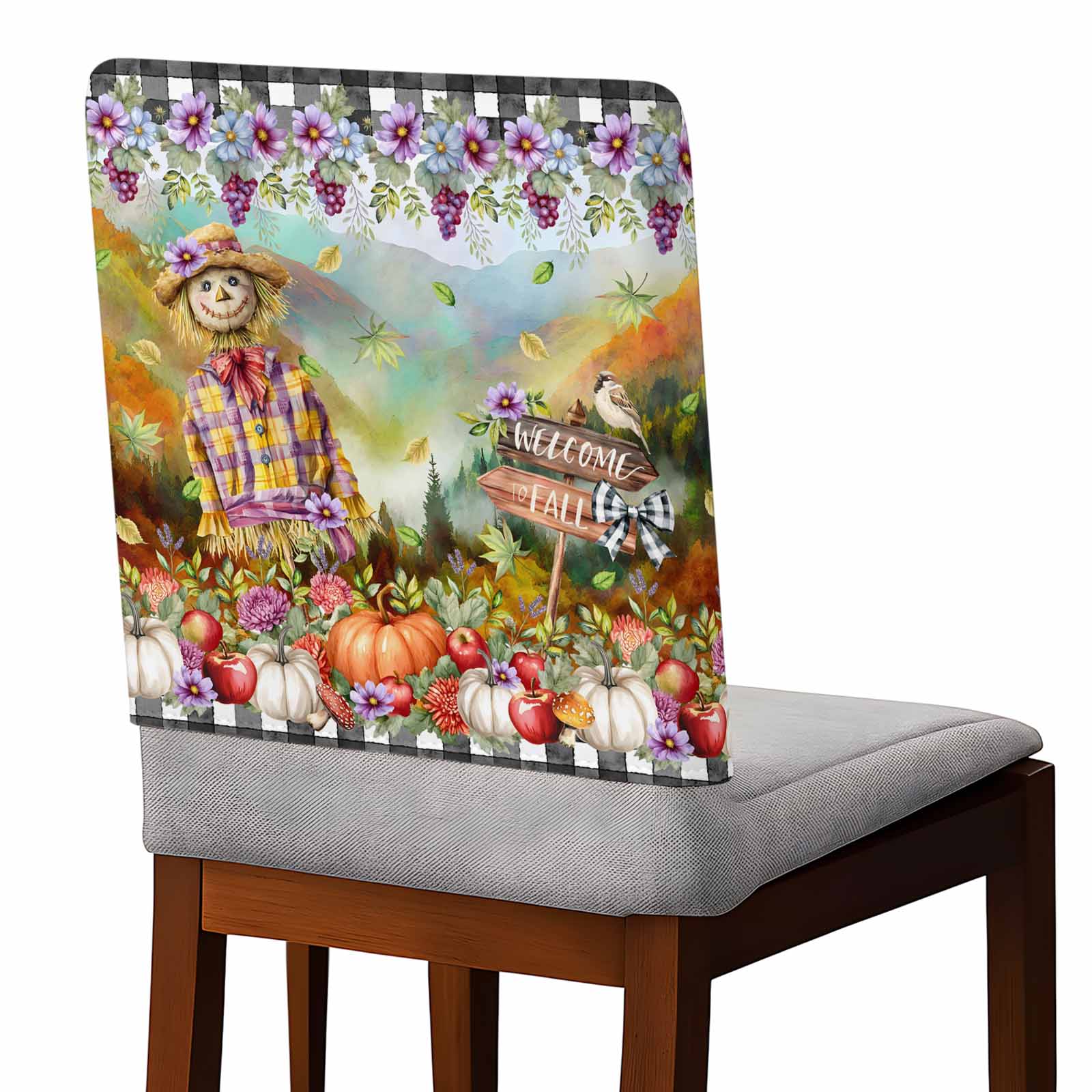 Chair Covers Set of 4 Fall Pumpkin Welcome Purple Flower Grape ...