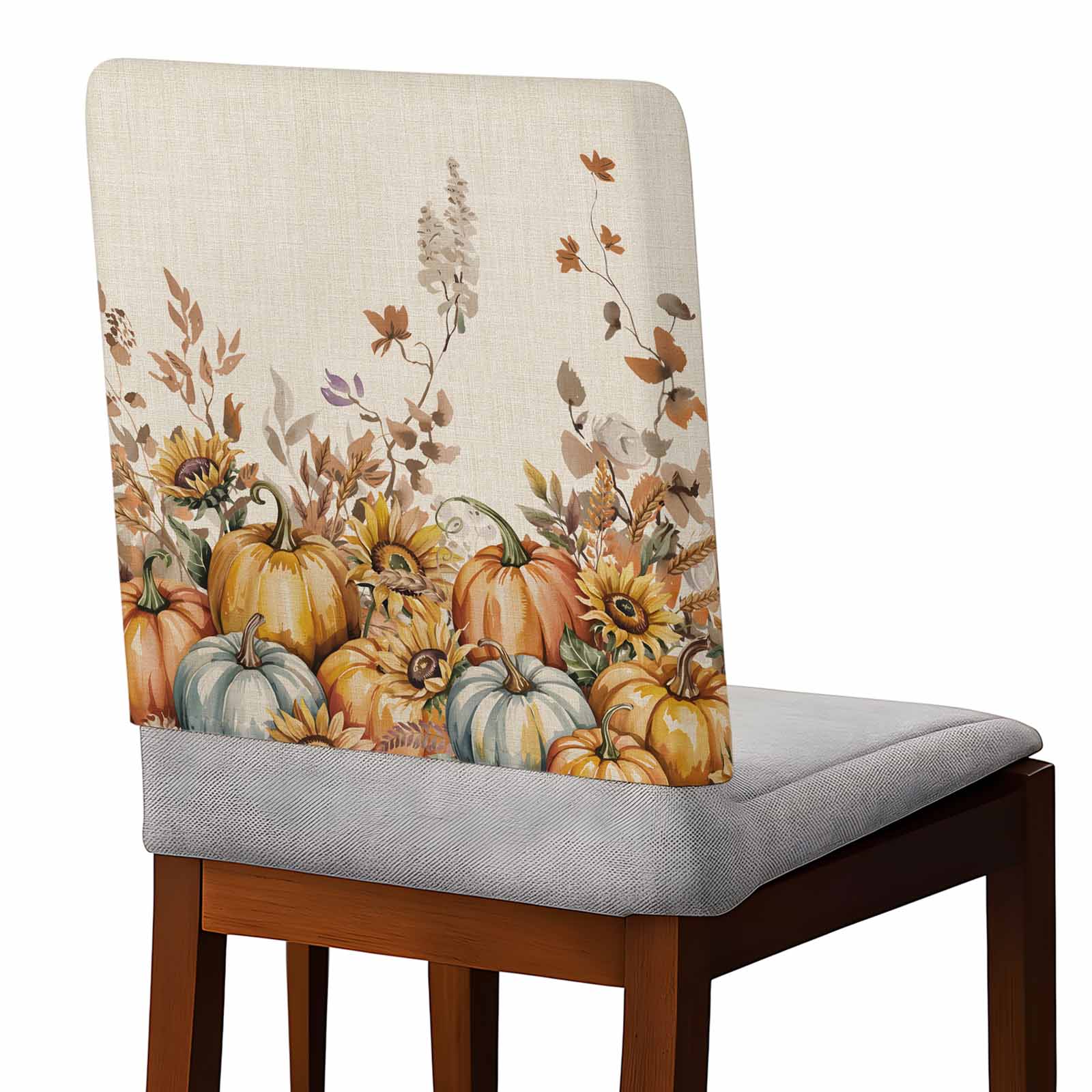 Chair Covers Set of 4 Fall Theme Yellow Deciduous Pumpkin Floral Linen ...