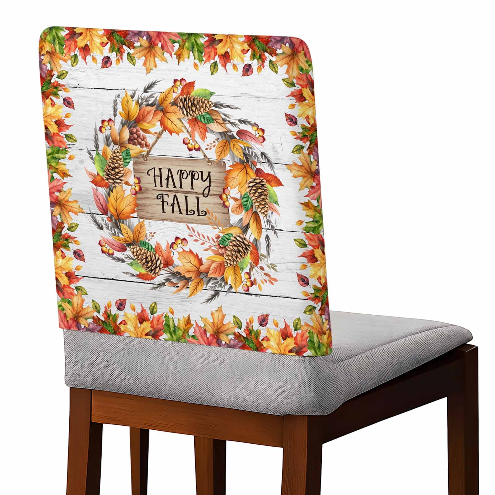 Chair Covers Set of 4 Happy Fall Maple Leaf Pine Cone White Wood Grain ...