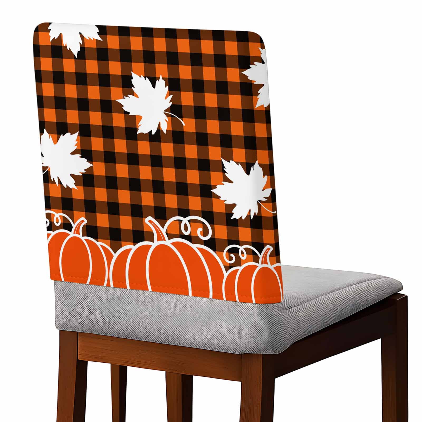 Chair Covers Set of 4 Pumpkin Maple Leaf Orange Black Plaid Fall ...