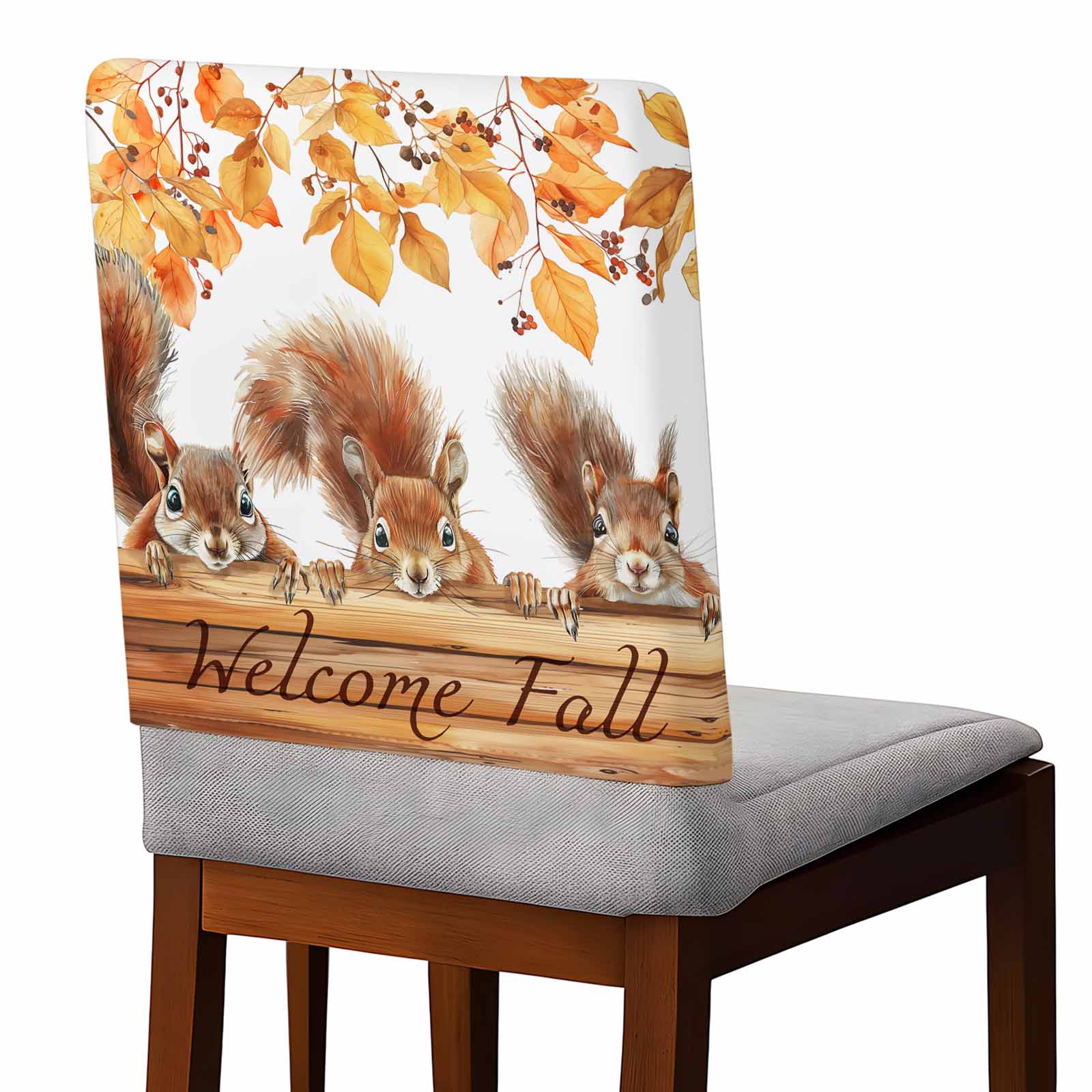 Chair Covers Set of 4 Welcome Fall Squirrel Leaves Wood Board Chair ...