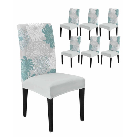 Chair Covers Set of 6, Country Dahlia Teal Flower Removable Stretchable ...