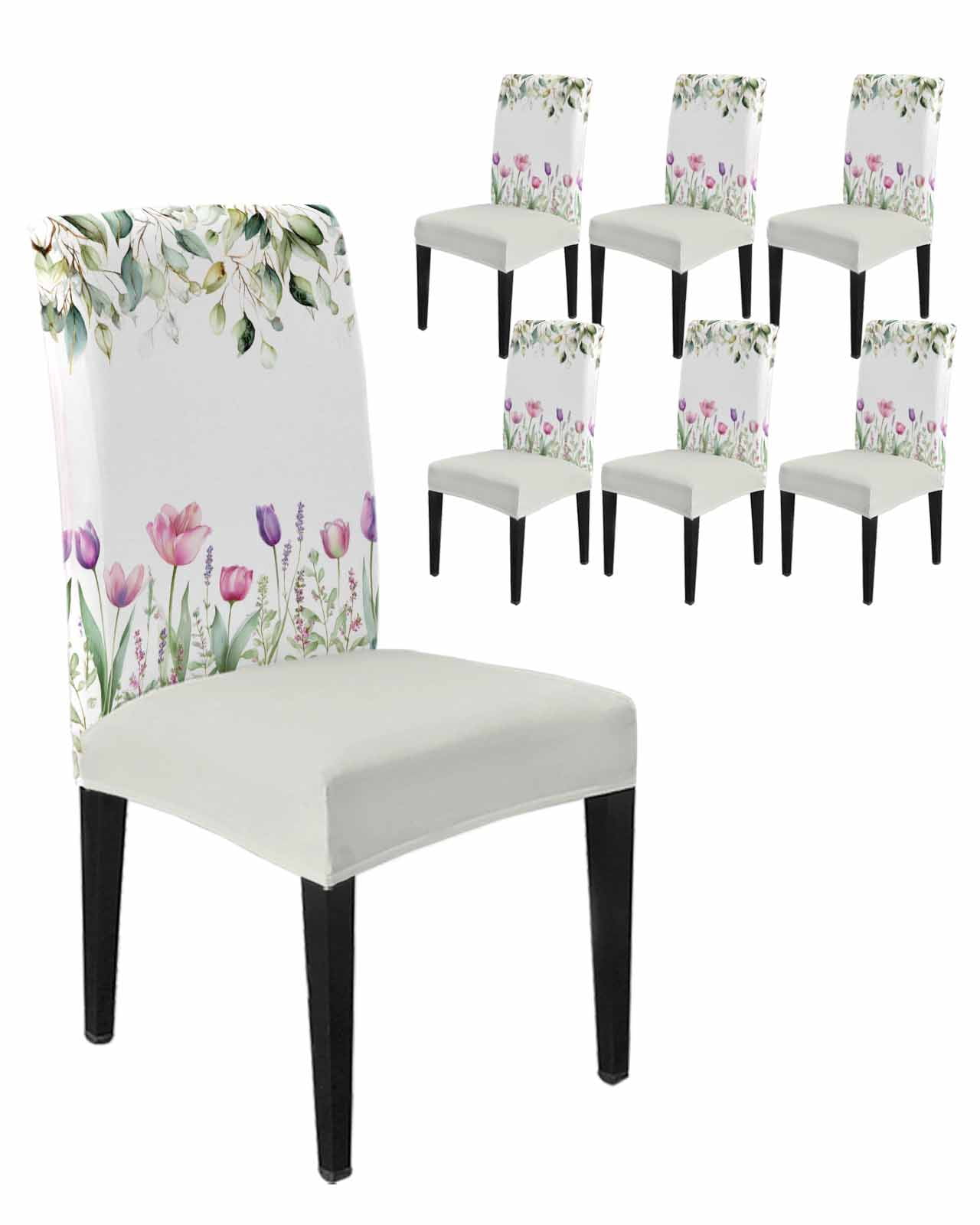 Chair Covers Set of 6, Country Flower Tulip Watercolor Removable ...