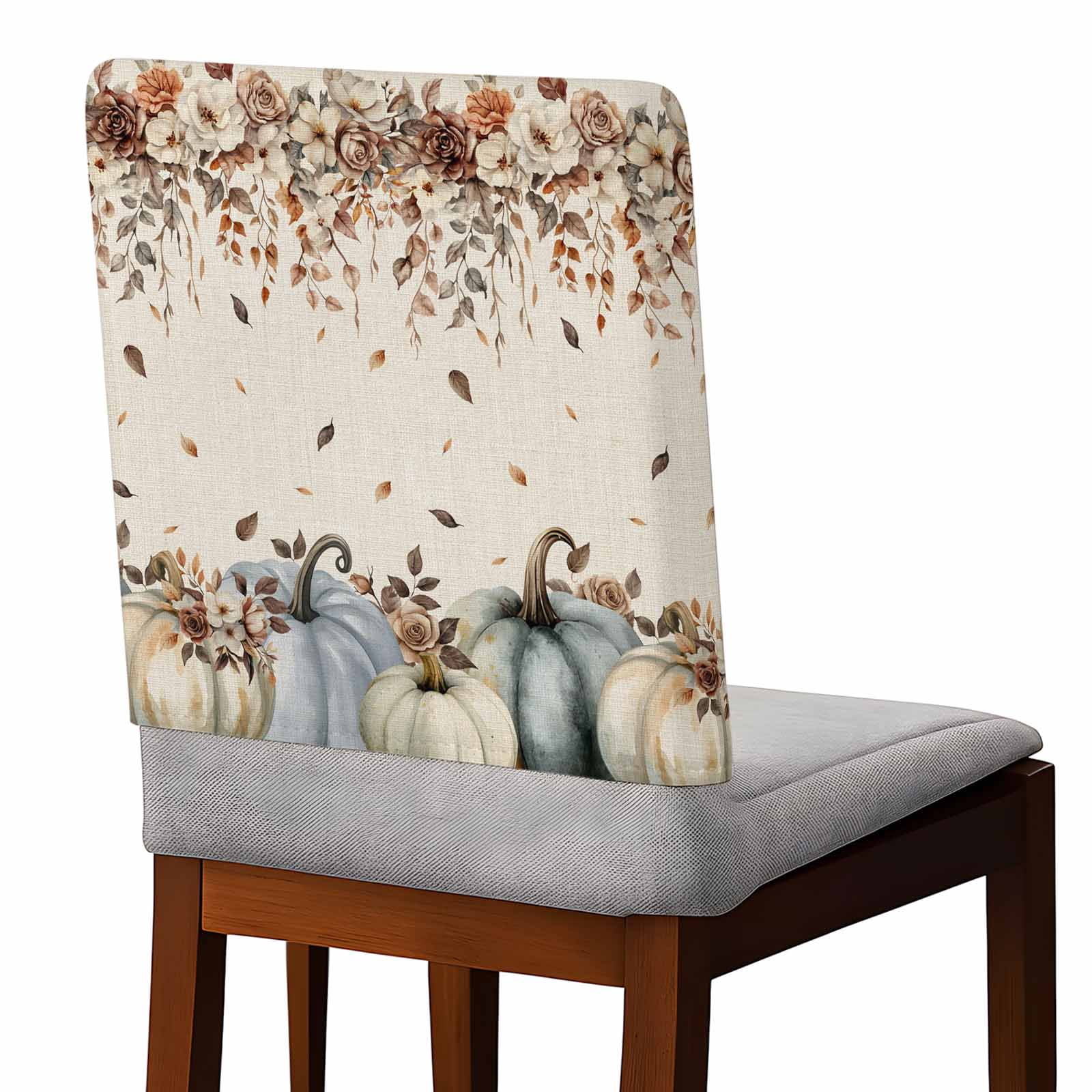 Chair Covers Set of 6 Fall Blue Pumpkin Rose Fallen Leaves Linen ...