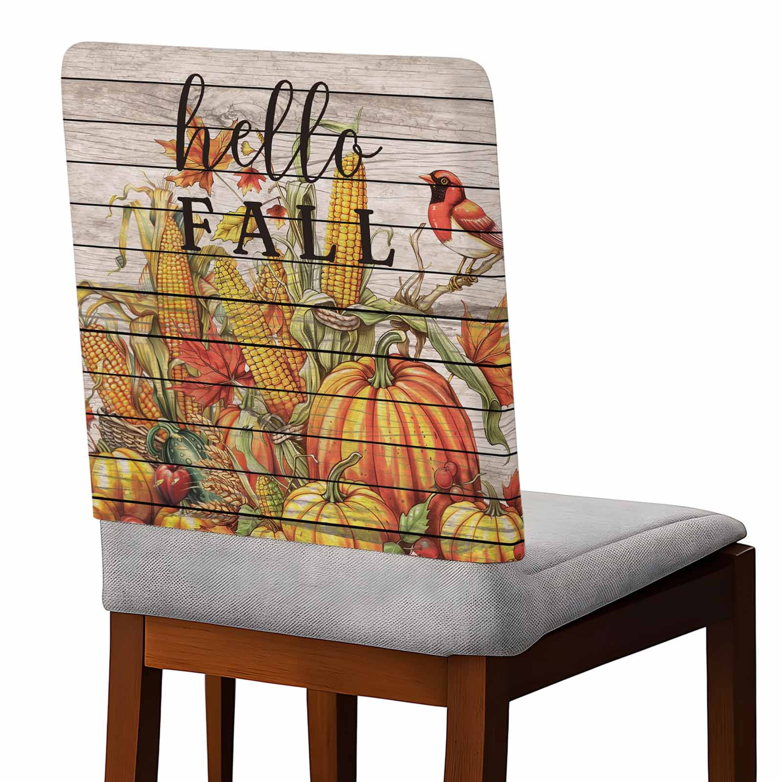 Chair Covers Set of 6 Fall Red Bird Farmhouse Style Pumpkin Corn Wood ...