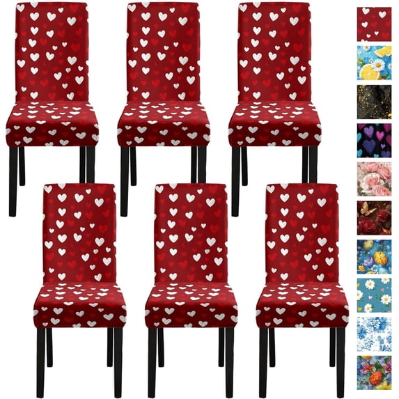 Chair Covers Set of 6, Red & White Heart Design, Stretchable Dining ...