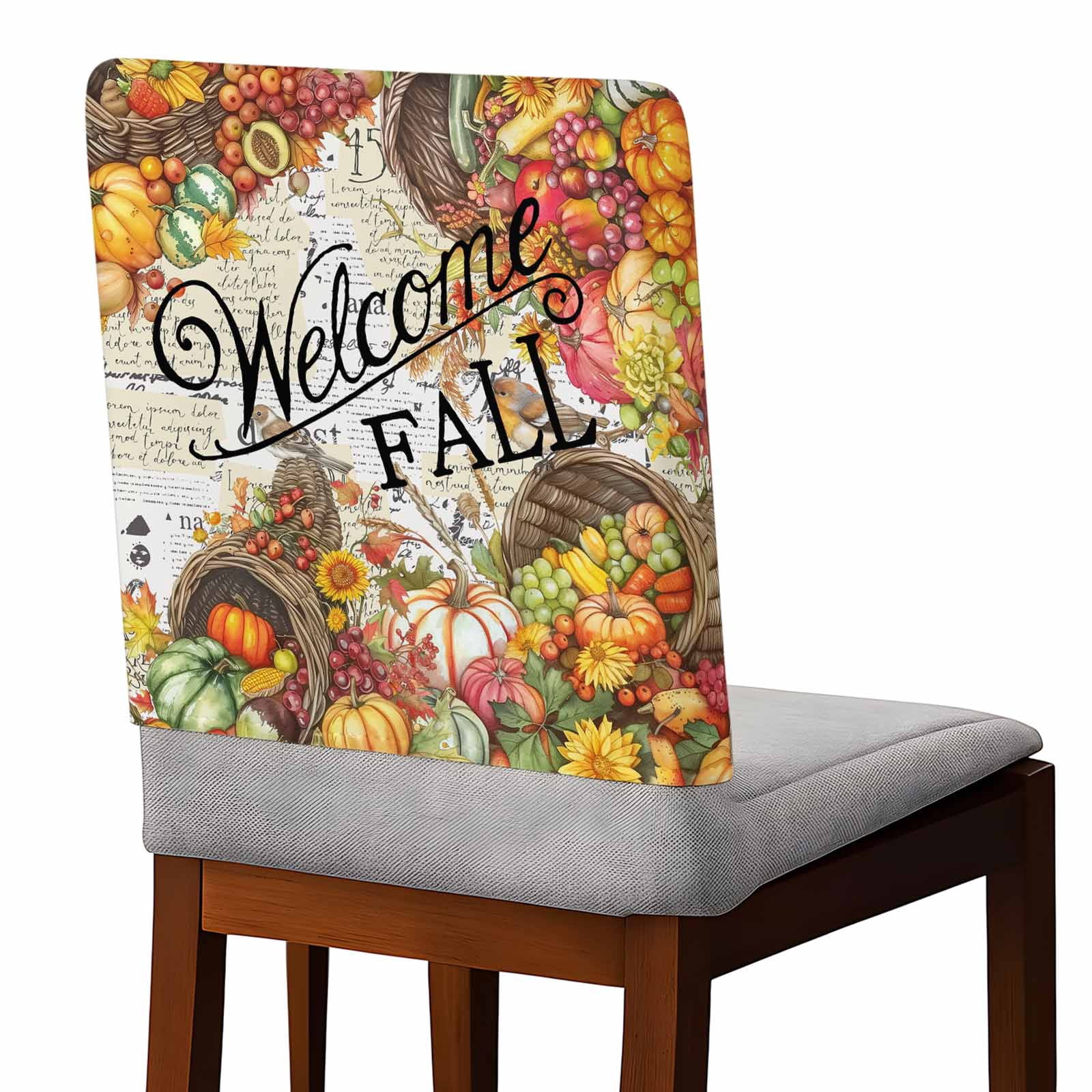 Chair Covers Set of 6 Welcome Fall Colorful Fruits Basket Newspaper ...