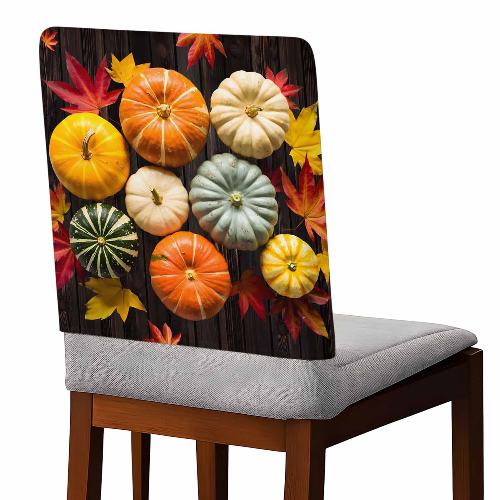 Chair Covers Set of 8 Fall Pumpkin Maple Leaf Realistic Wood ...