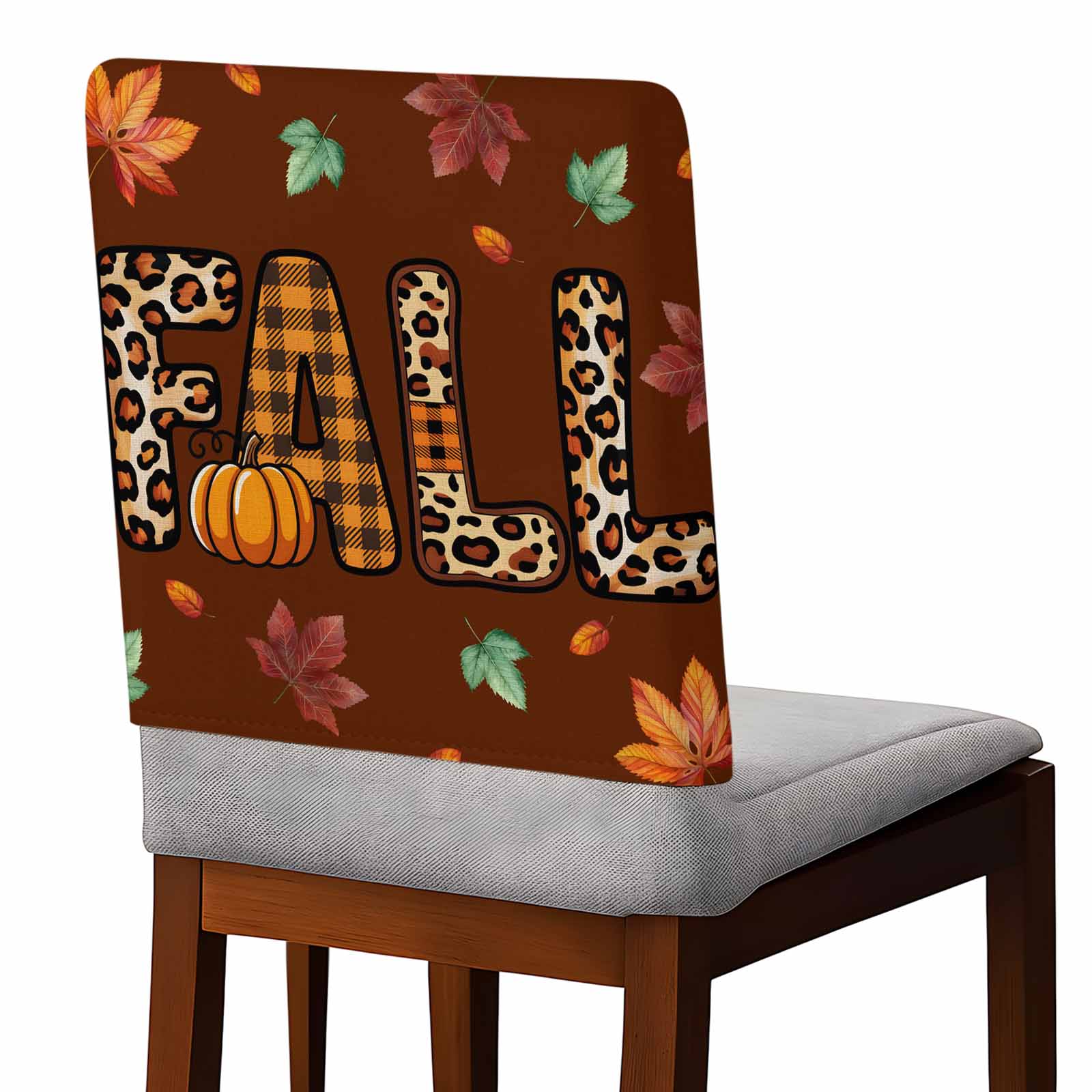Chair Covers Set of 8 Fall Text Leopard Print Pumpkin Maple Leaf Chair ...