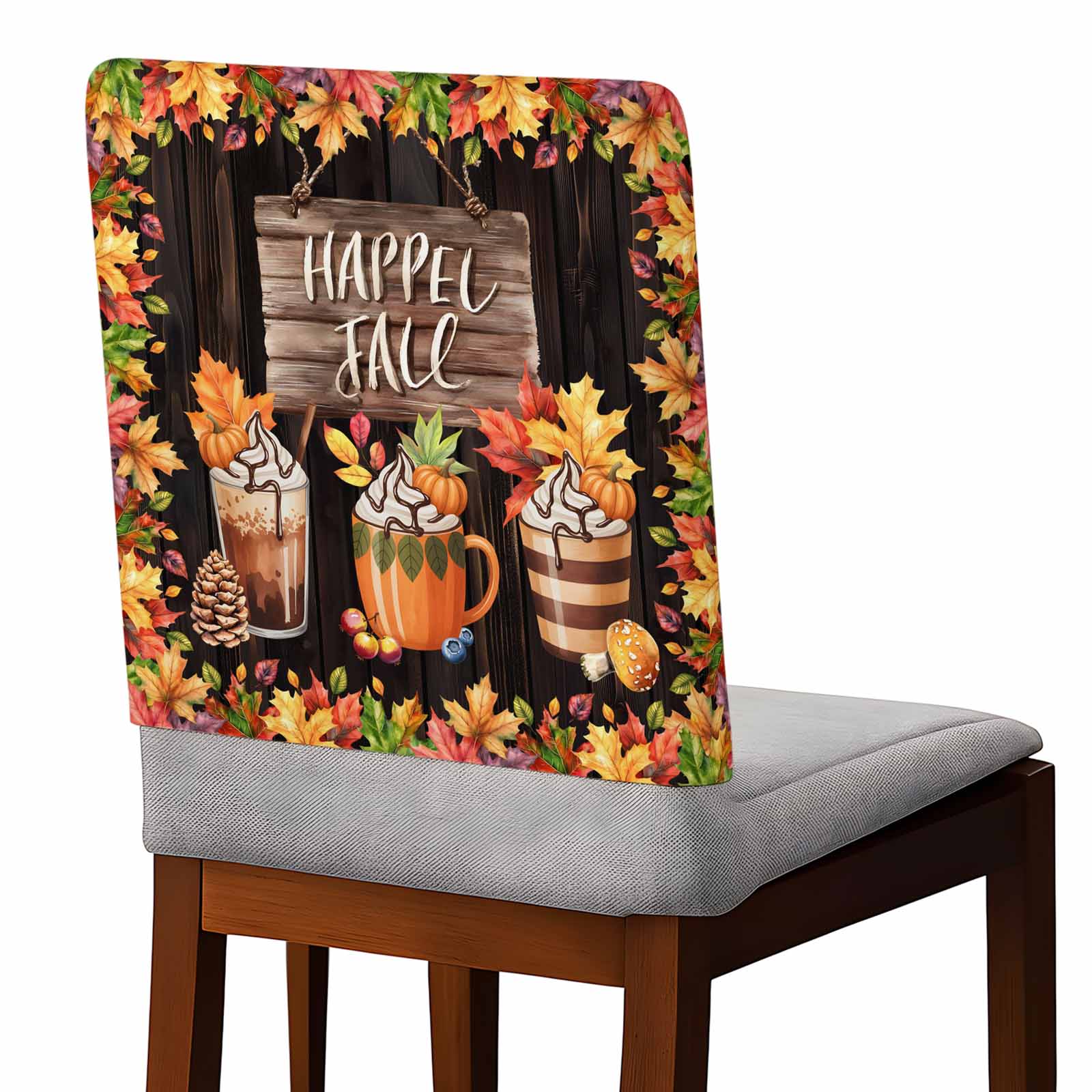Chair Covers Set of 8 Happy Fall Coffee Maple Leaf Pine Cone Brown Wood ...