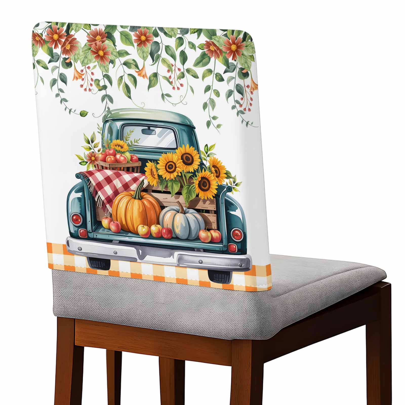 Chair Covers Set of 8 Pumpkin Truck Sunflower Leaves Orange Plaid ...