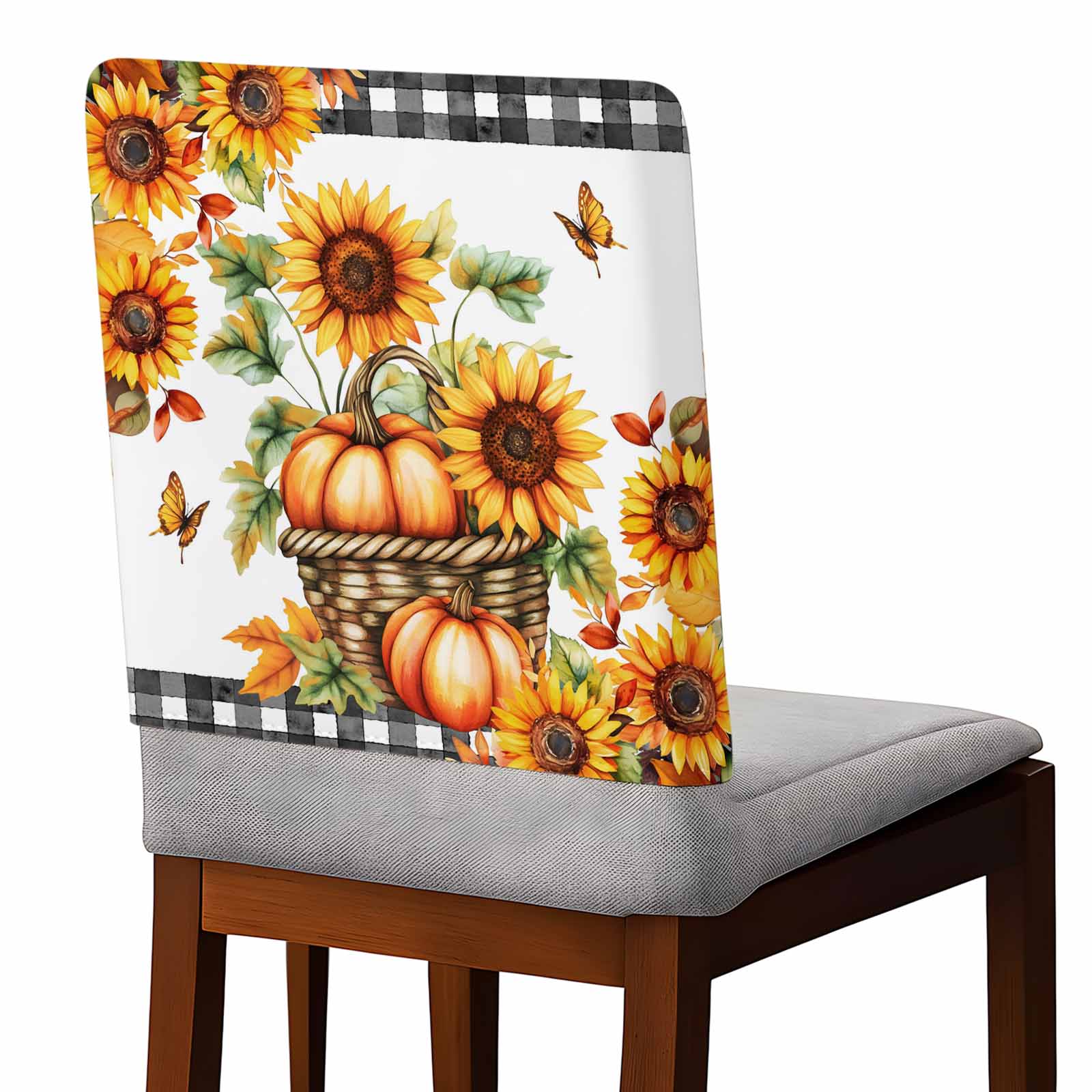 Chair Covers Set of 8 Sunflower Autumn Fall Butterfly Black Plaid ...