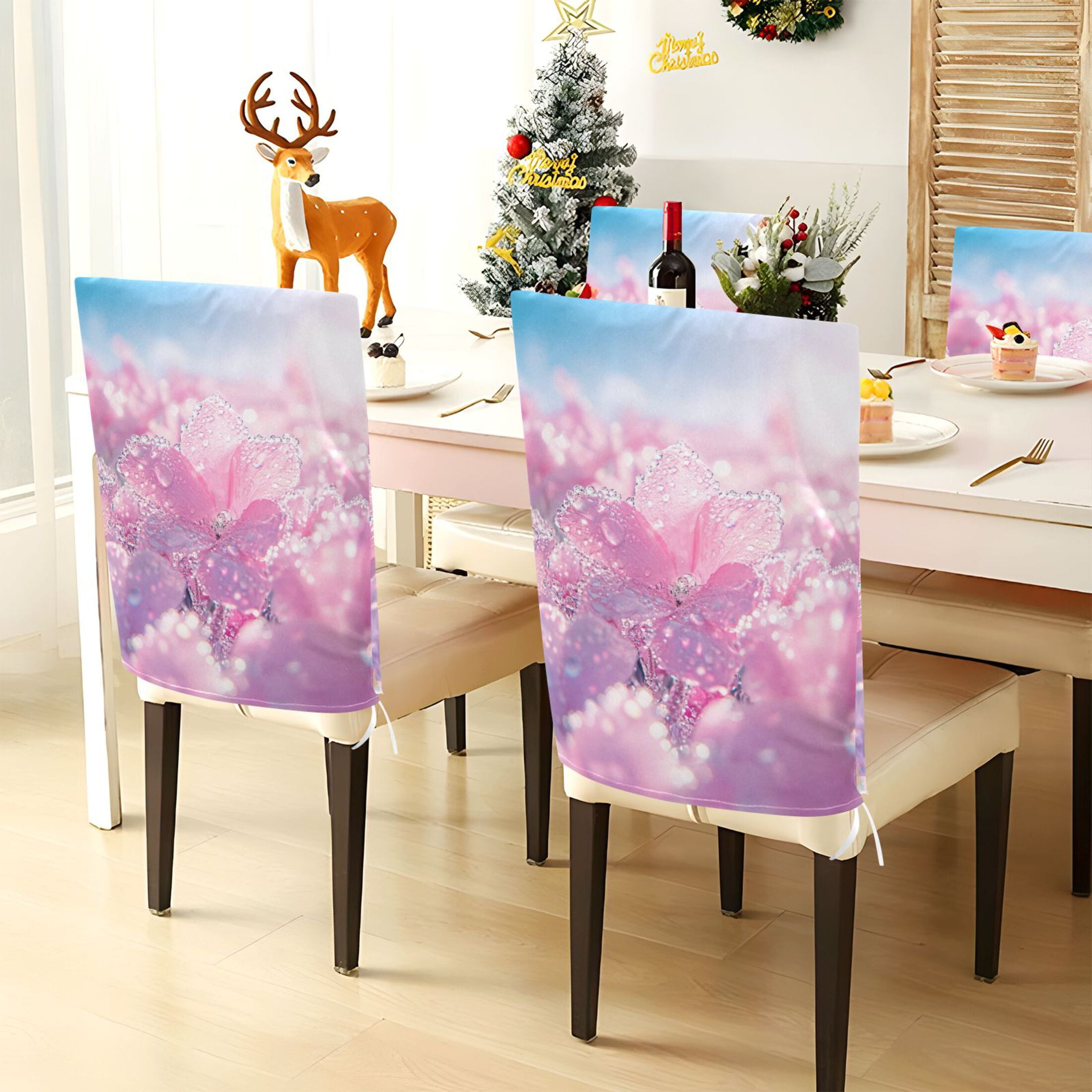 YAZAOO Chair Covers Set Home Kitchen Pink Flowers with Morning Dew ...