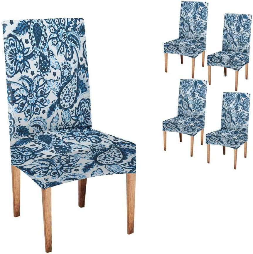 Chair Covers Set of 4, Blue Prosperous Flowers Printed Washable Chair ...