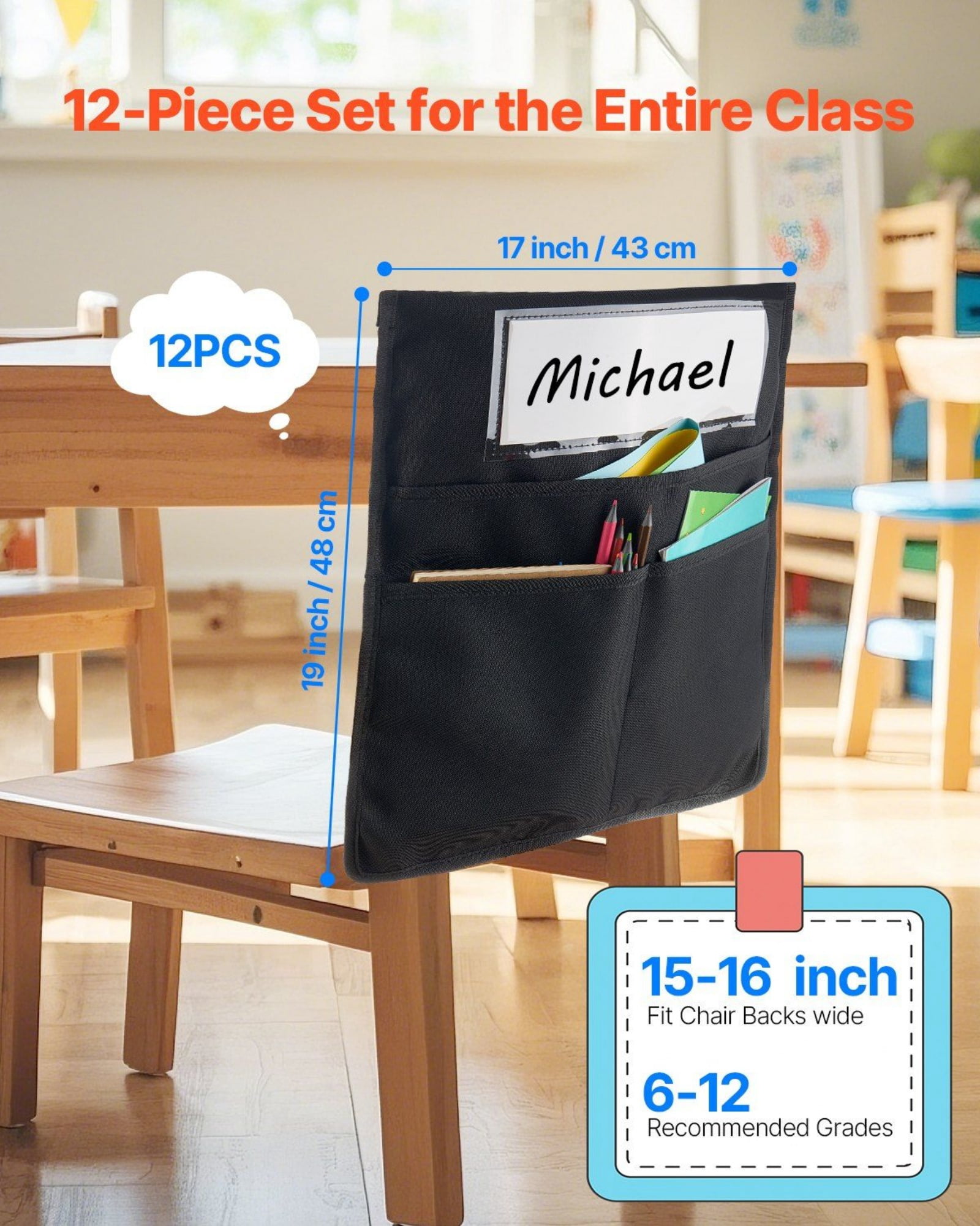 Chair Pockets for Classroom 12 Pack Seat Pocket with Name Tag Black ...