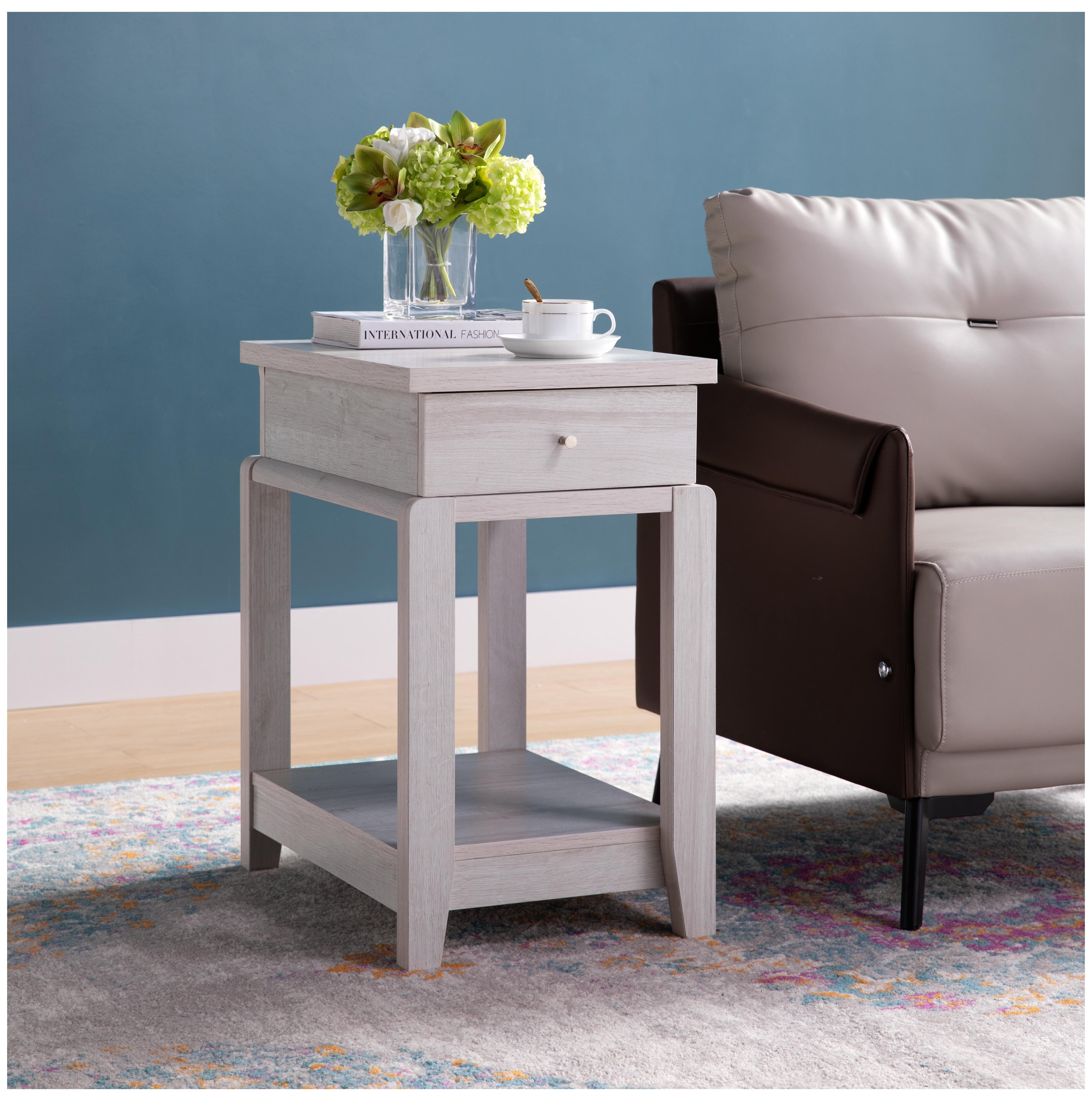 Chair Side End Table with Drawer & Shelf, White Oak Accent Table ...