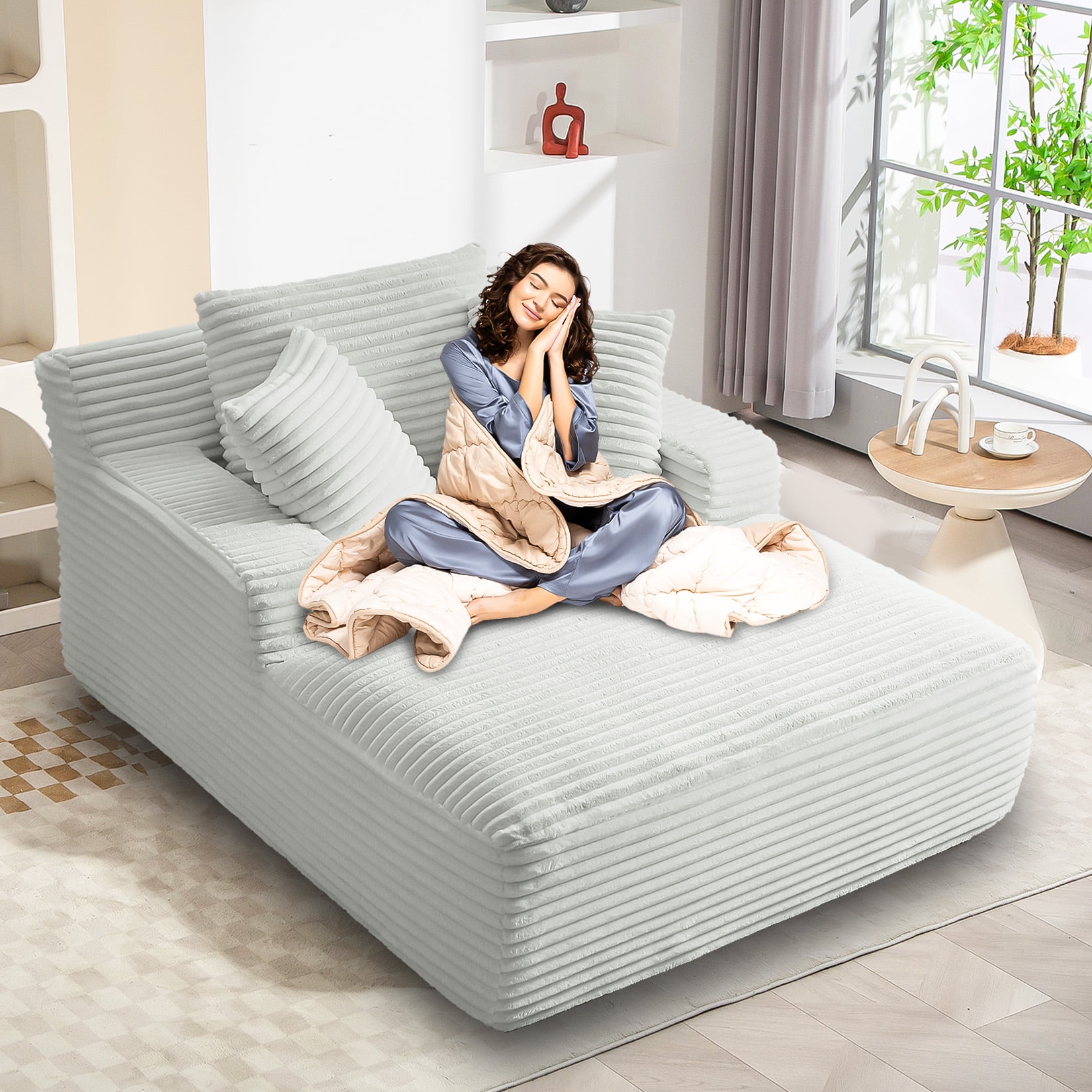 Chaise Lounge Chair Indoor, 50'' Upholstered Sofa Bed with 2 Throw ...