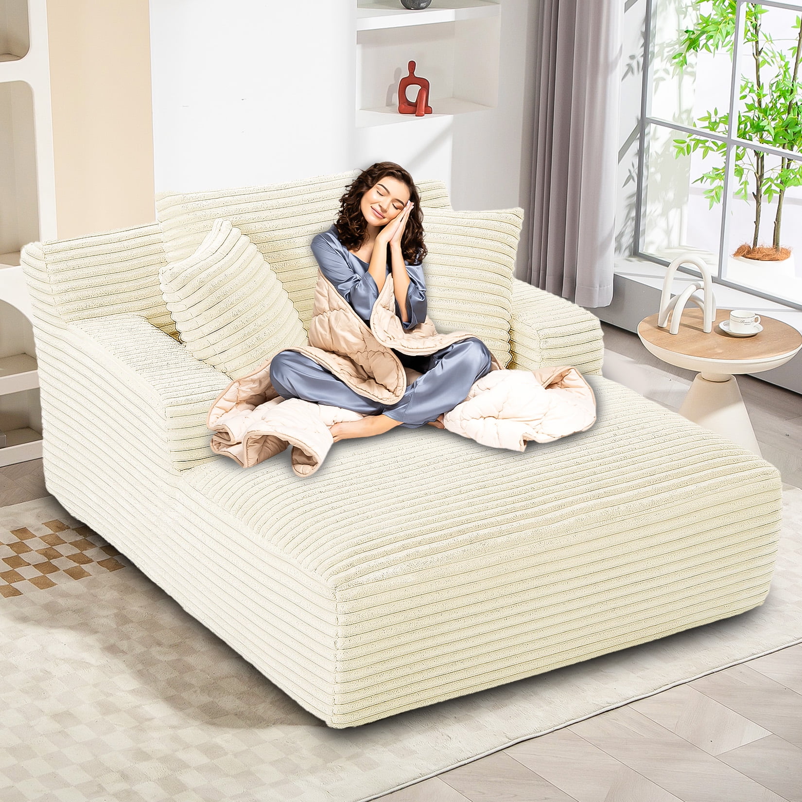 Chaise Lounge Chair Indoor, 50'' Upholstered Sofa Bed with 2 Throw ...
