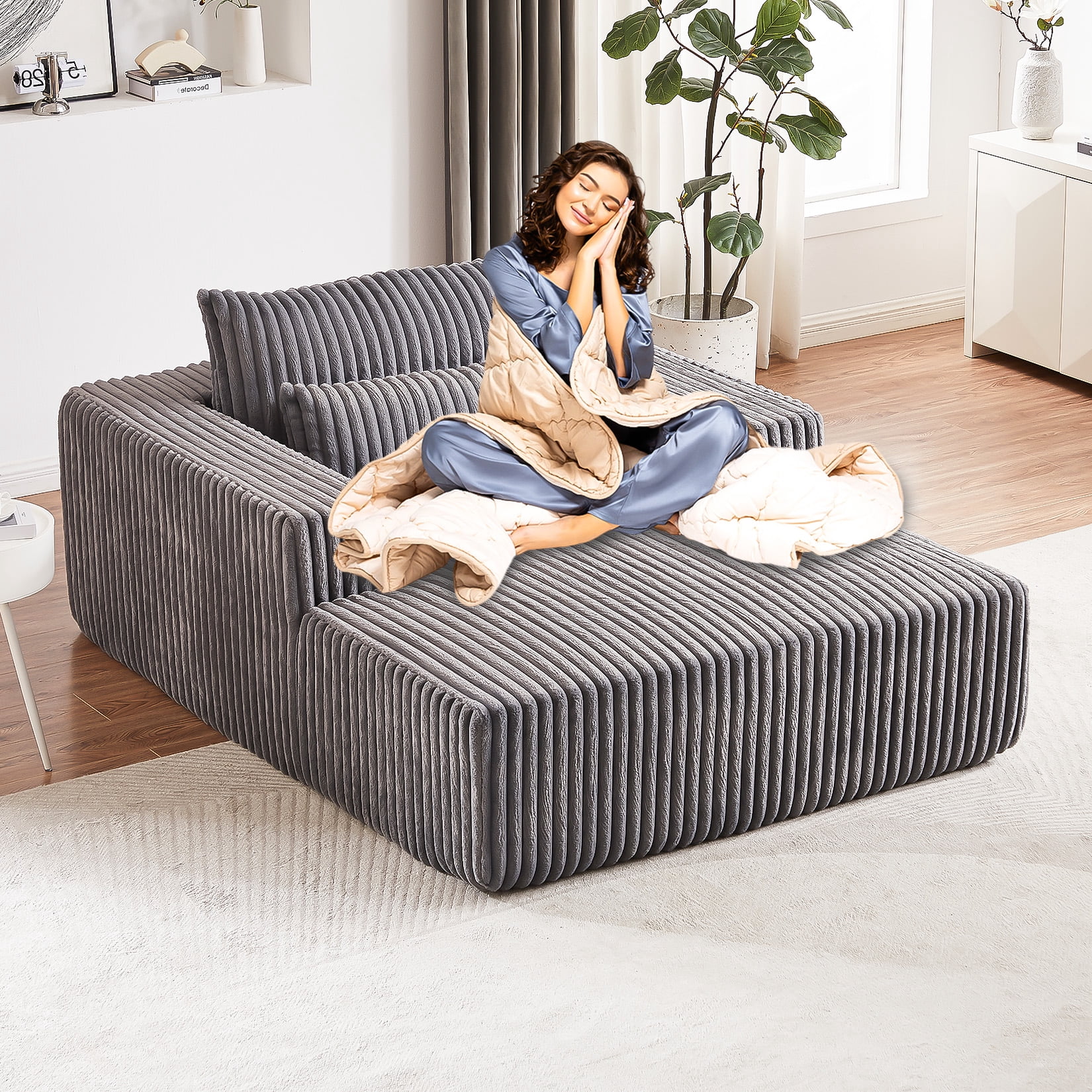 Chaise Lounge Chair Indoor, 75'' Upholstered Sofa Bed with 3 Throw ...