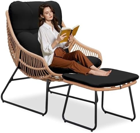 Chaise Lounge Chair Rattan Lazy Chairs with Ottoman, Wicker Egg Chair ...