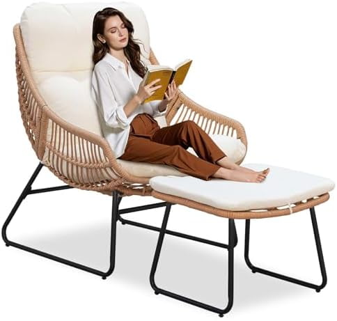 Chaise Lounge Chair Rattan Lazy Chairs with Ottoman, Wicker Egg Chair ...