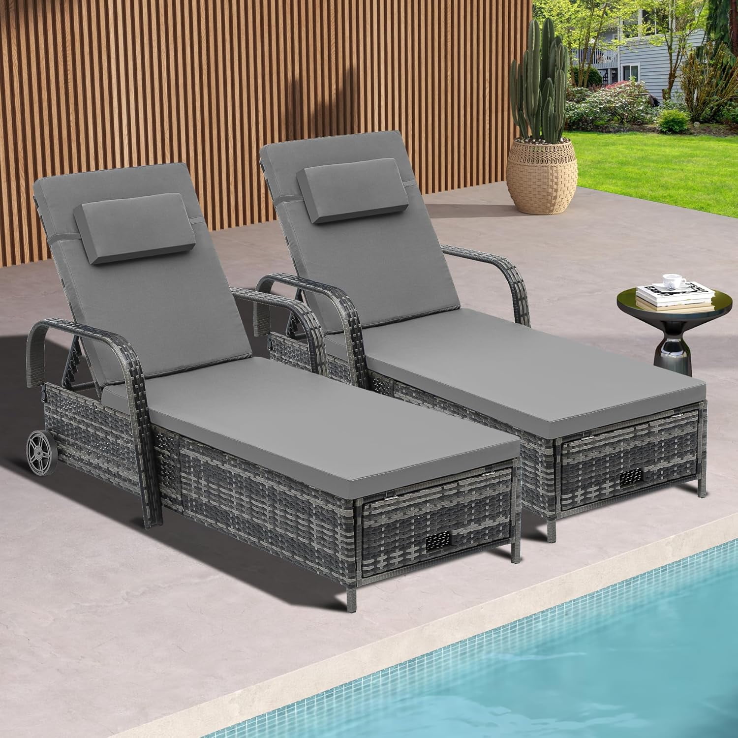 Chaise Lounge Chair with Storage, Wicker Patio Lounge Set of 2 with 5 ...