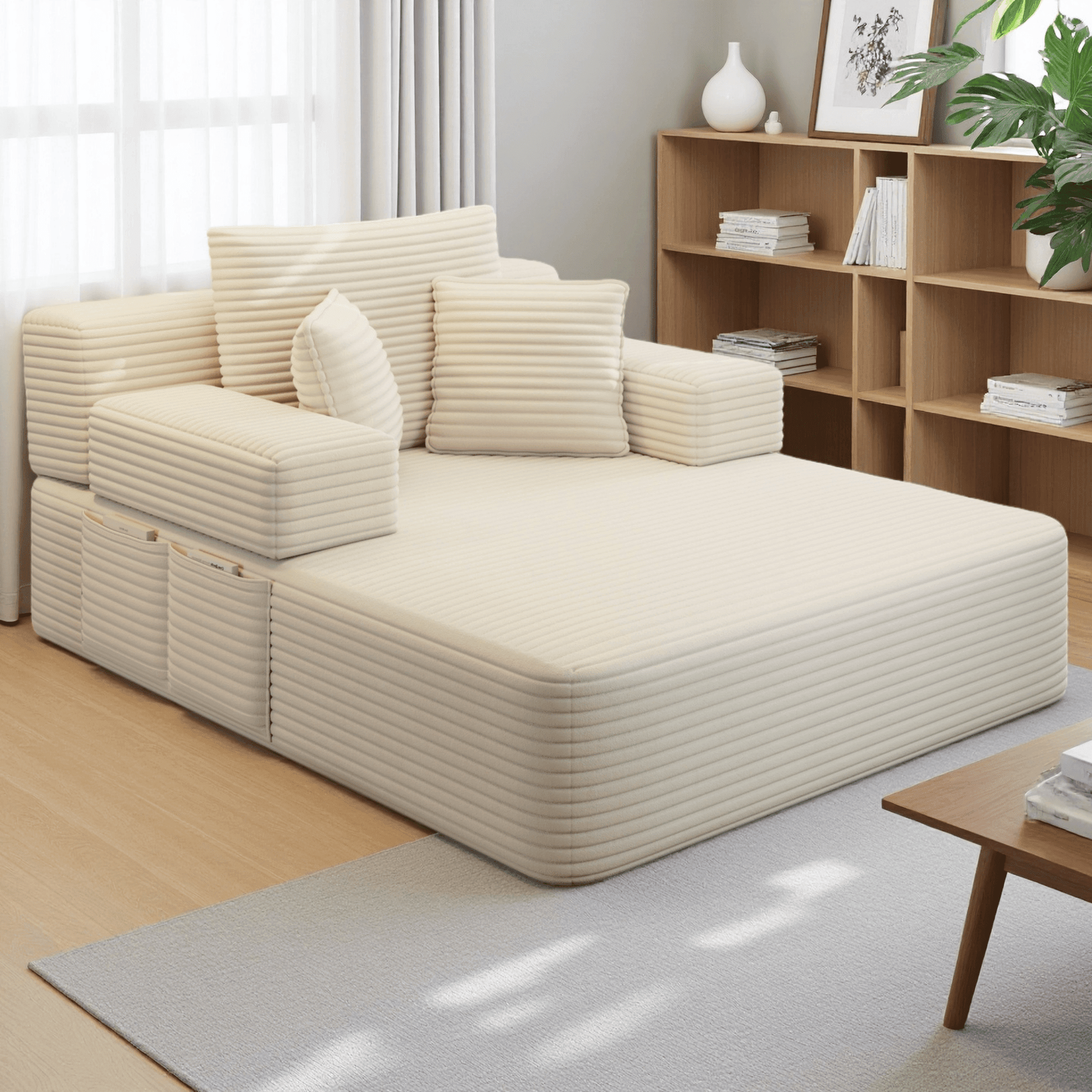 Chaise Lounge, Convertible Sofa Bed with 3 Pillows & Storage Pocket, No ...