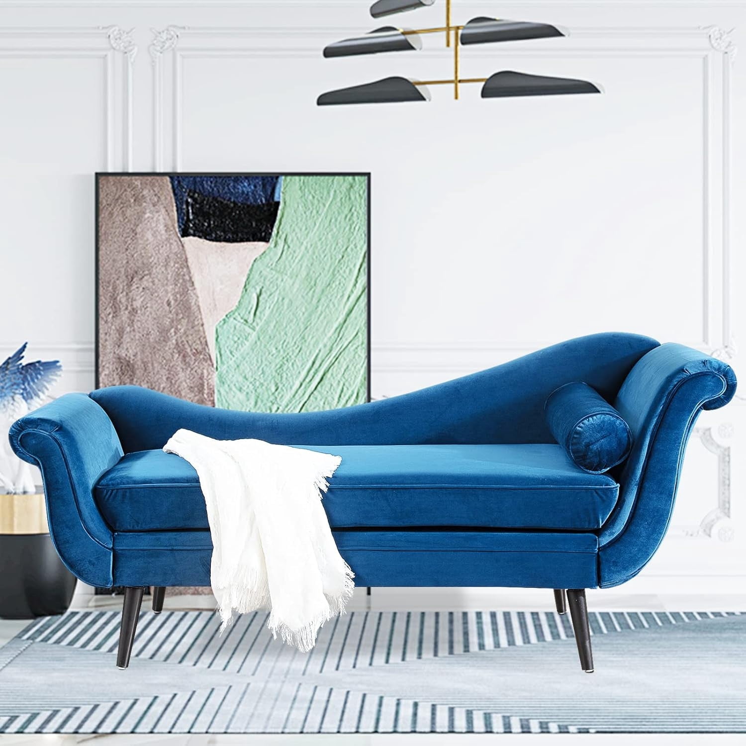 Chaise Lounge Indoor Blue Velvet 68'' with Scroll Arms Wave Back Lounge ...
