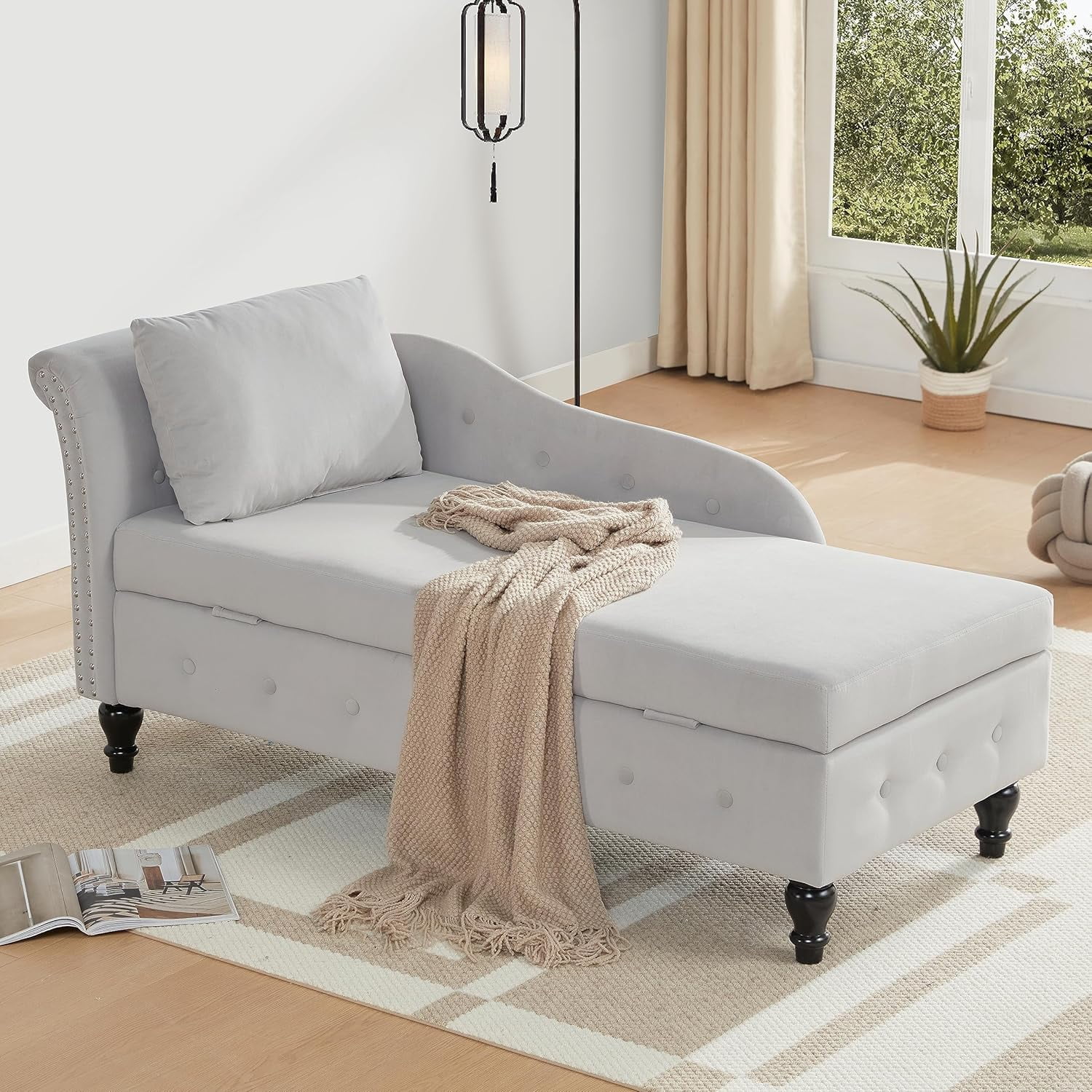 Chaise Lounge Indoor with Storage, Modern Nailhead-Trimmed Tufted ...