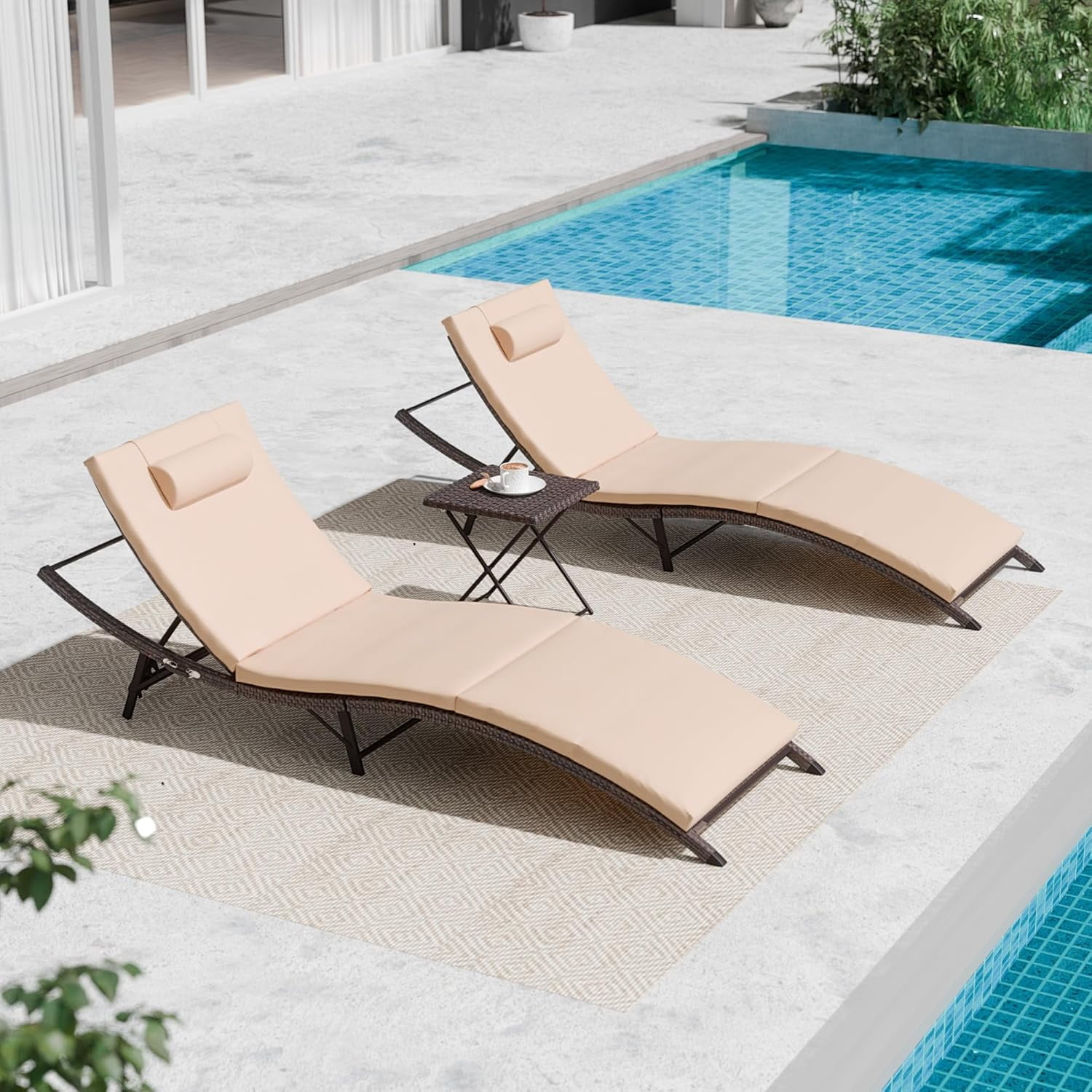 Chaise Lounge Outdoor Set of 3, Pool Lounge Chairs with Adjustable ...