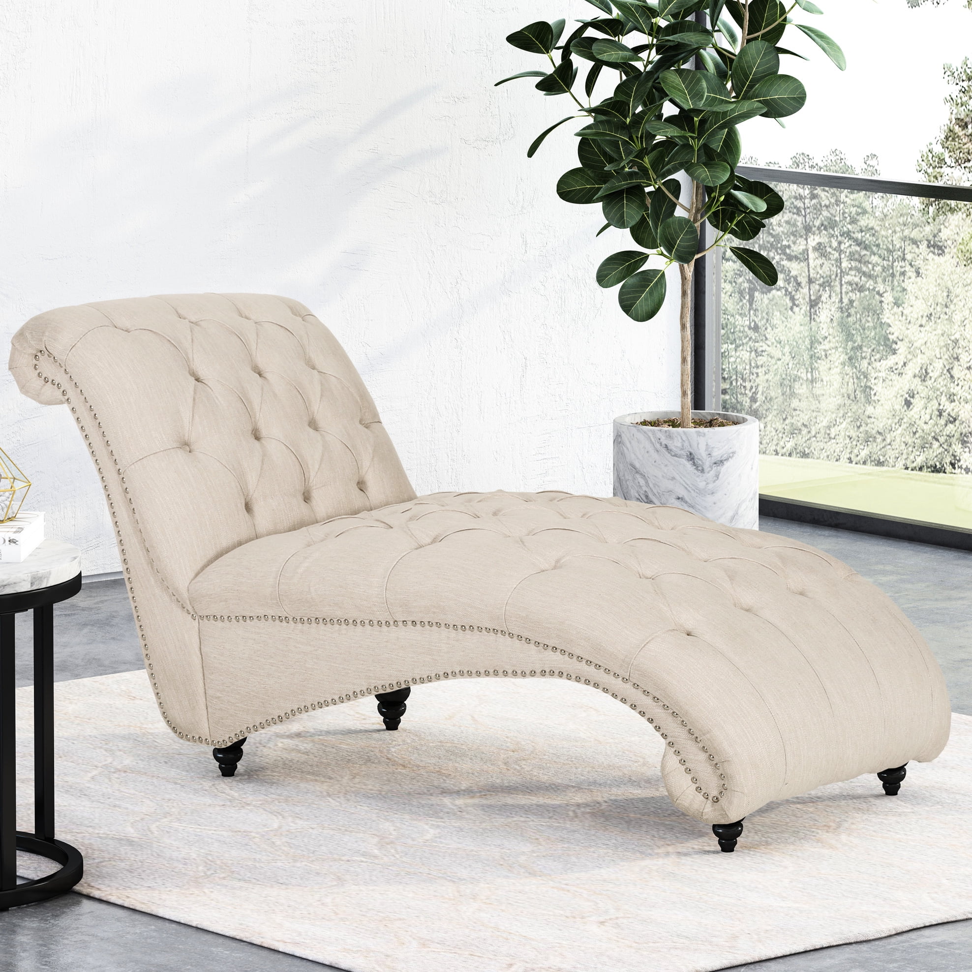 Chaise Lounge With Button Tufting, Diamond Stitch, Curvy Birch Wood ...