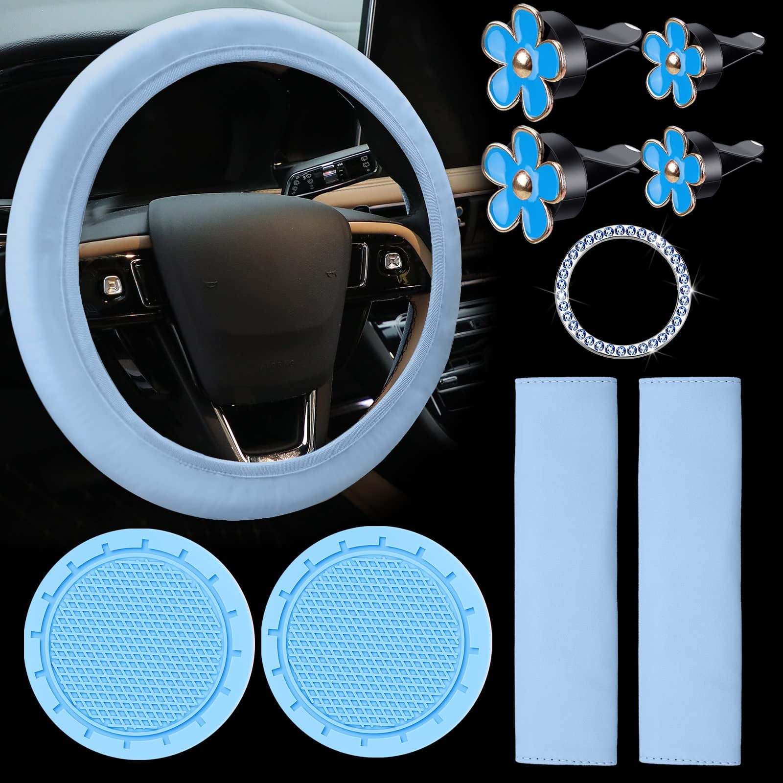 Chak’s Choice 10 PCS Car Accessories Leather Steering Wheel Cover Set ...