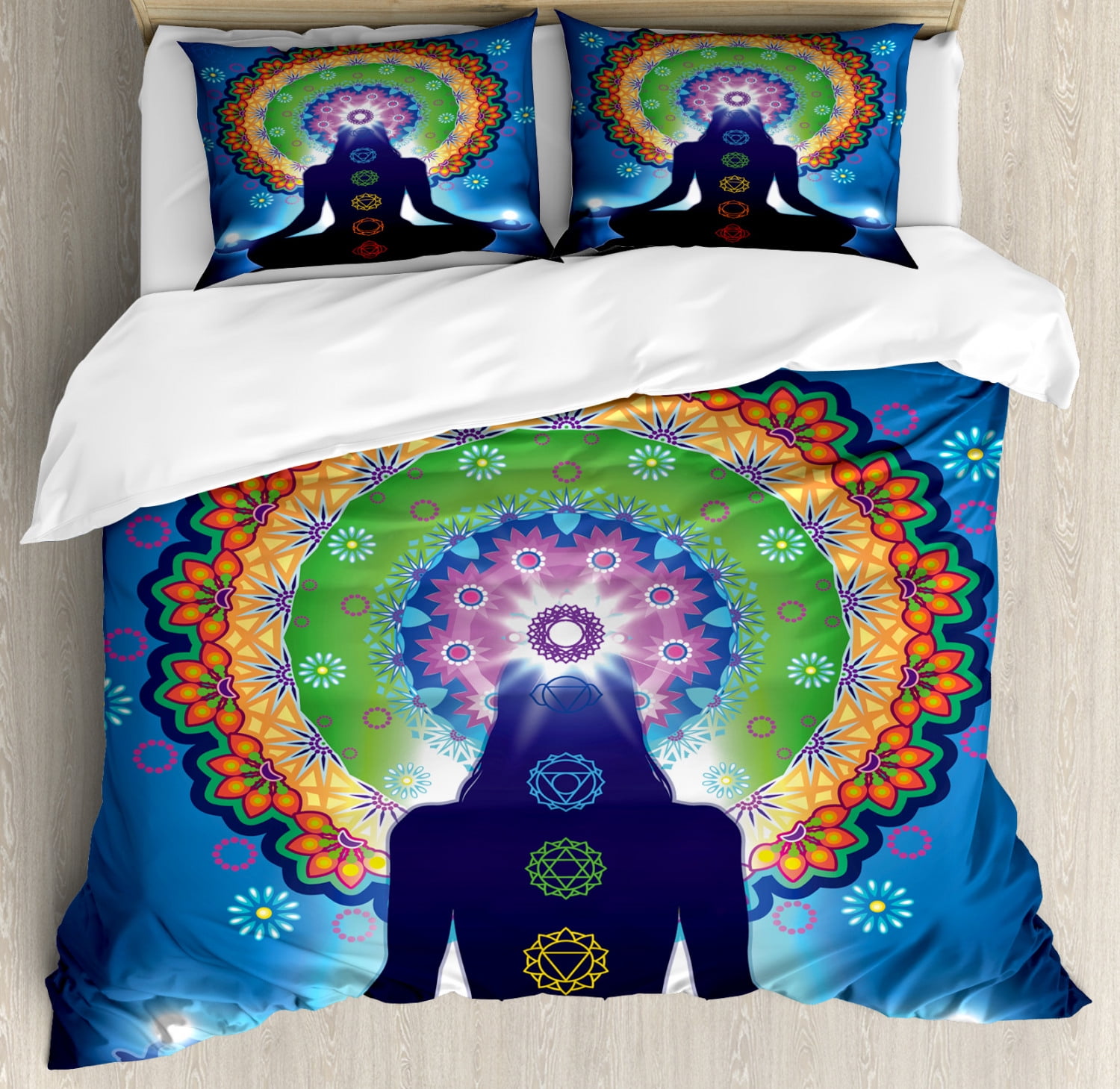 Chakra Duvet Cover Set Queen Size, Silhouette of Woman Doing Yoga with ...