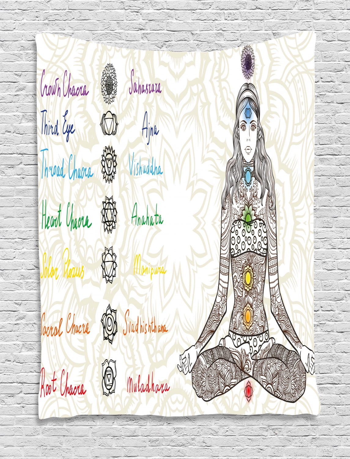 Chakra Tapestry, Sketch Image of Yoga Posed Girl in Peace with Spots ...