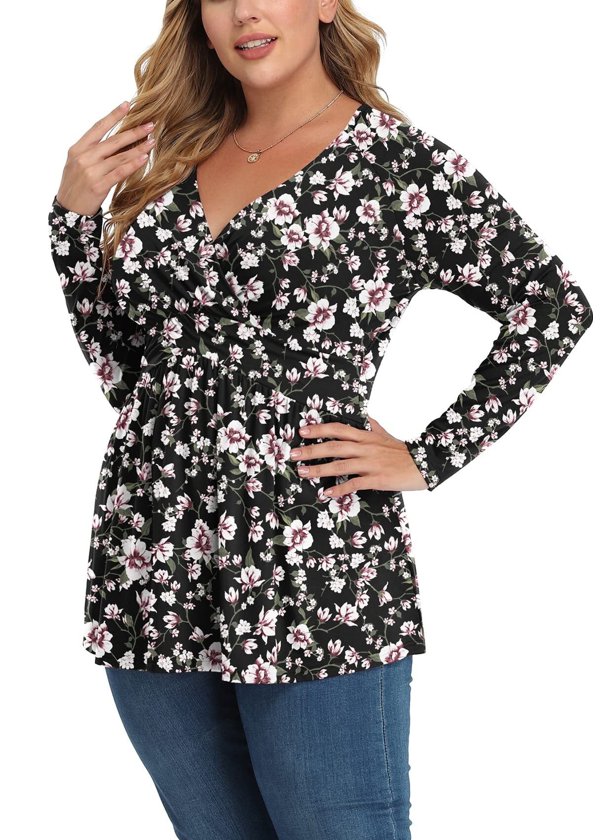 Chalesta Women Plus Size Top Long Sleeve Floral Print Tops Pleated ...