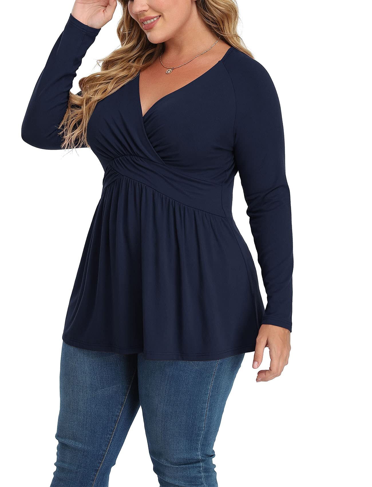Chalesta Women Plus Size Top Long Sleeve Print Tops Pleated Casual V ...